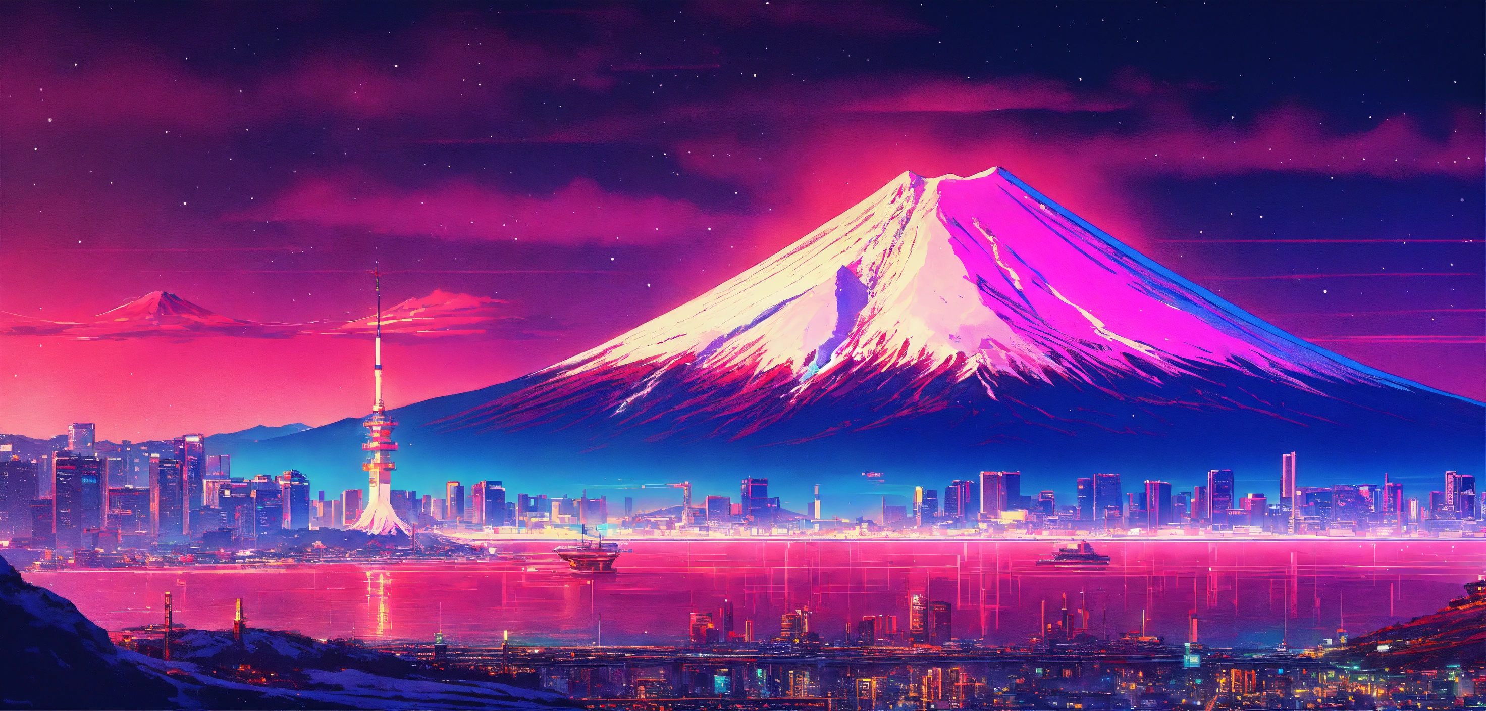 Lexica - Synthwave style snowy fuji yama future winter city