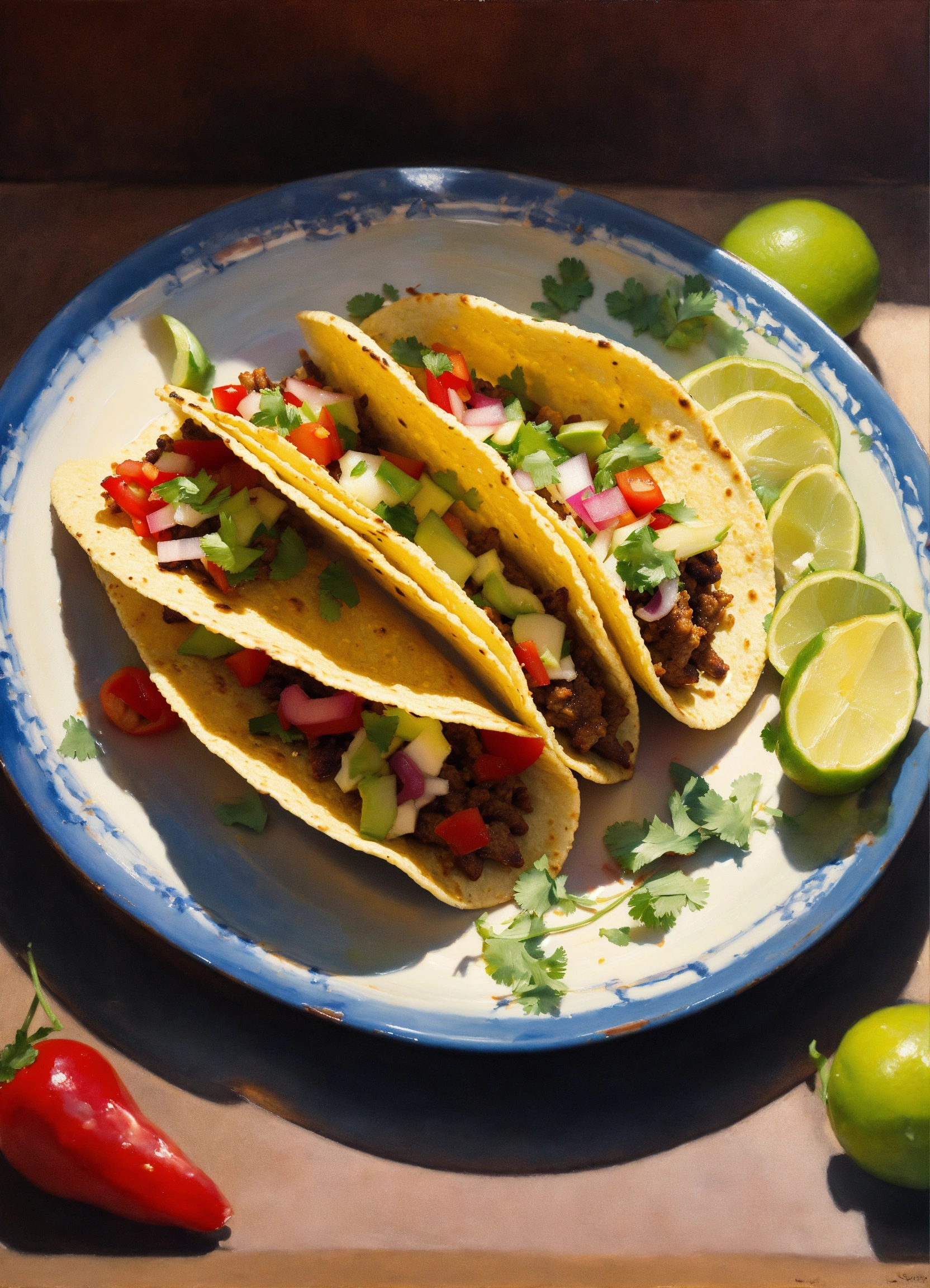 Lexica - Still life oil painting of tacos on a plate, top down view, in ...