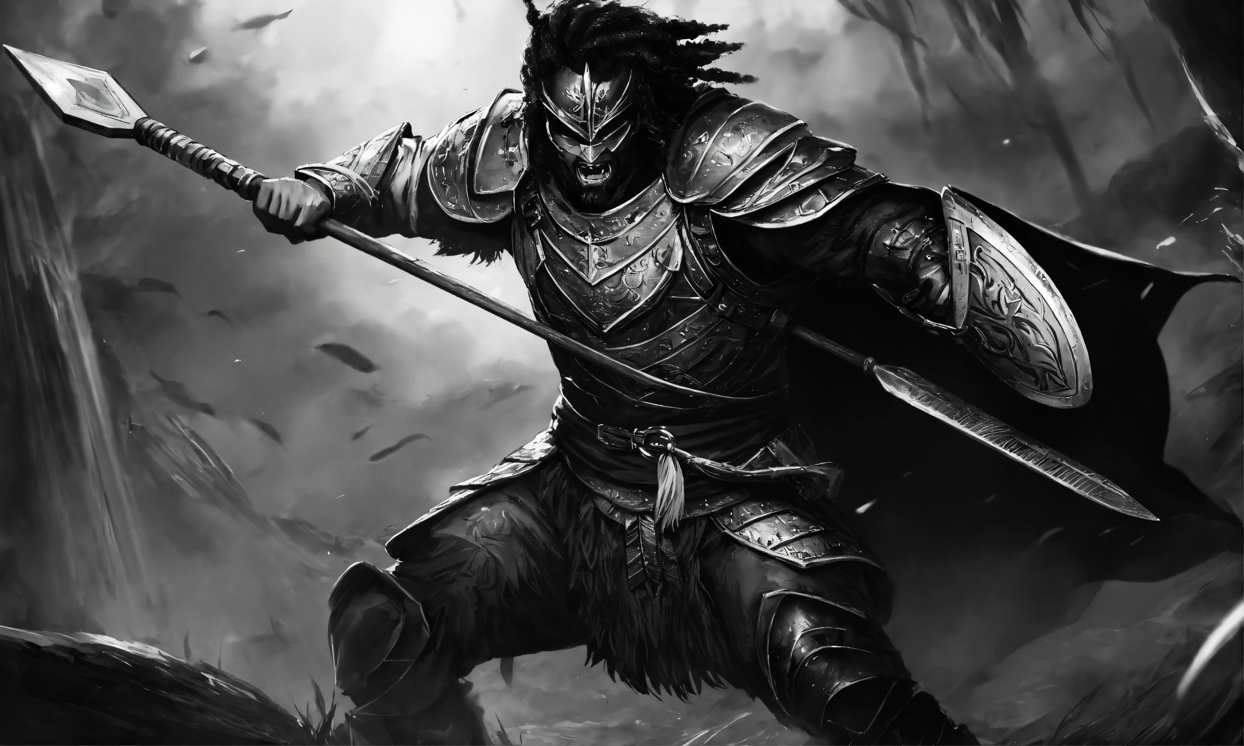 Lexica - Black and white illustration of 22 year old evil black warrior ...