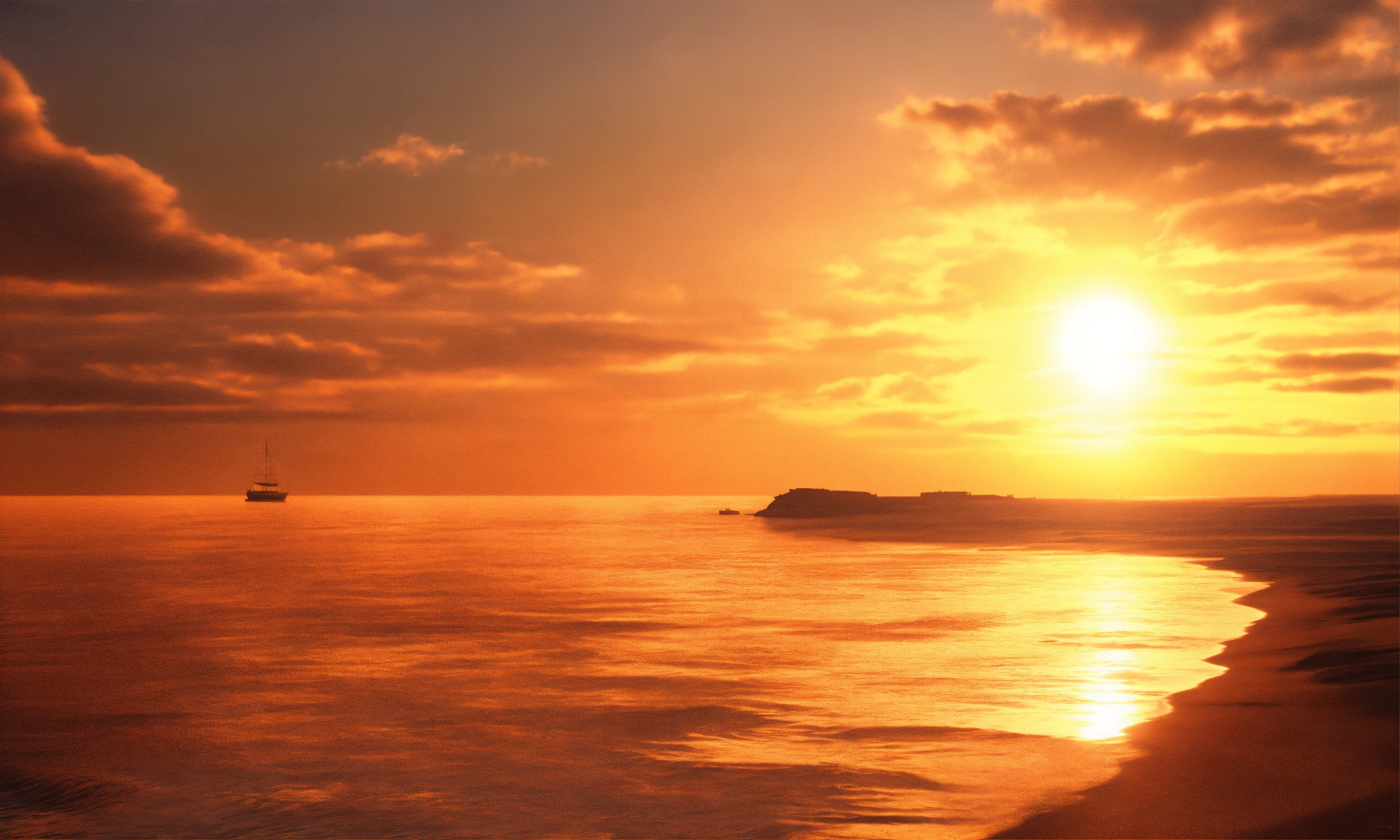 Lexica - Realistic image of sun on horizon and civilization on coast ...