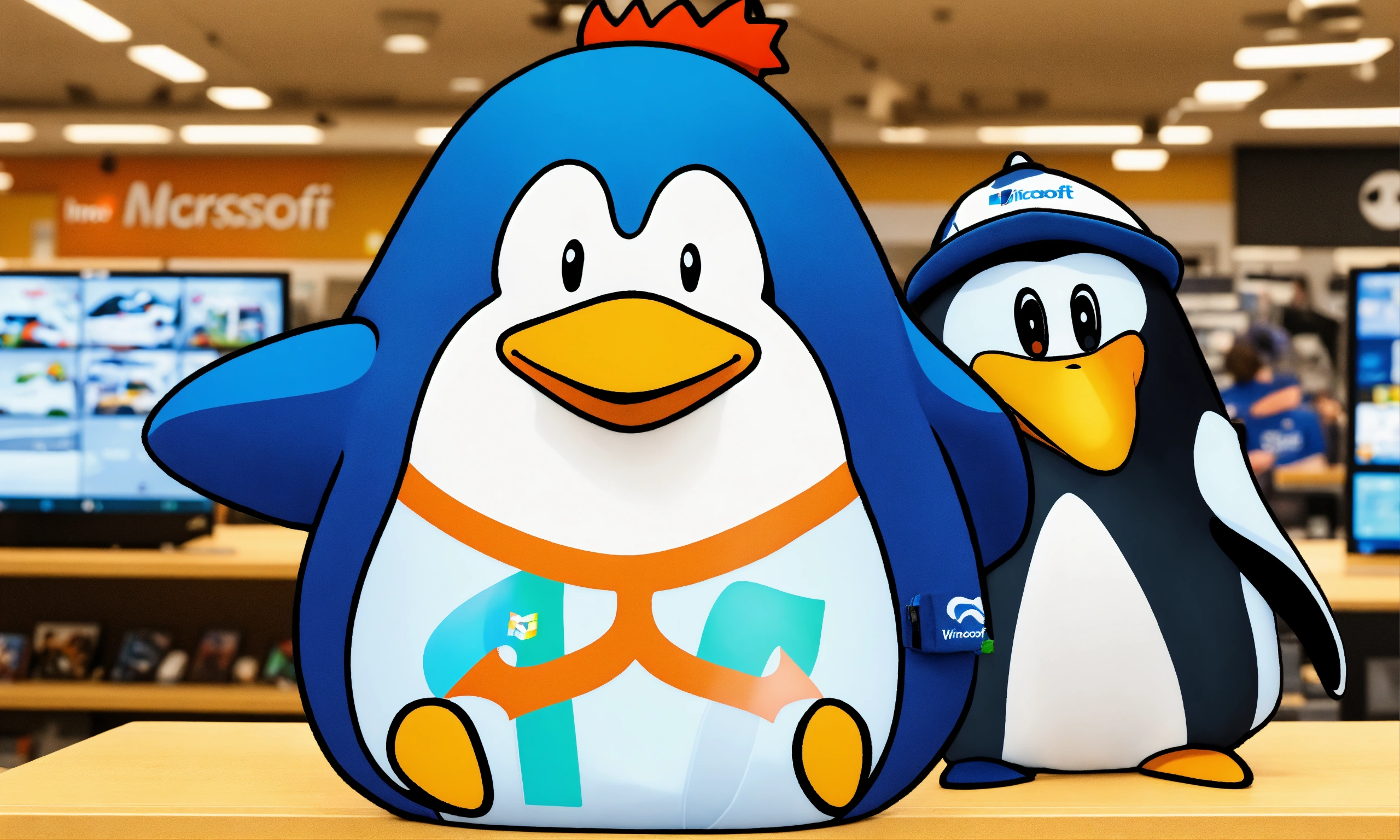 Lexica - Three embarrassed-looking penguins wearing Microsoft Windows ...