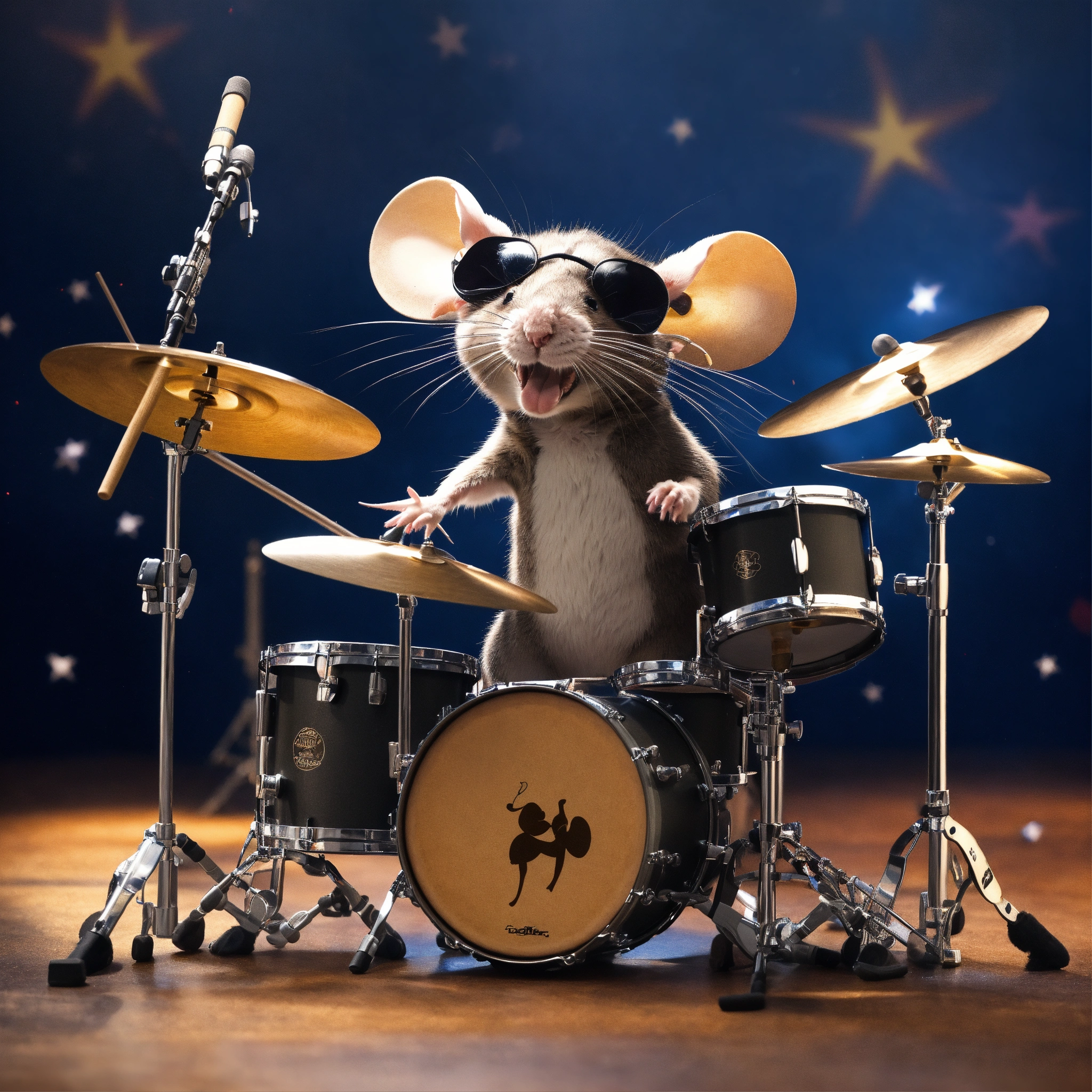 Lexica - A mouse playing drums, looking like a rock star