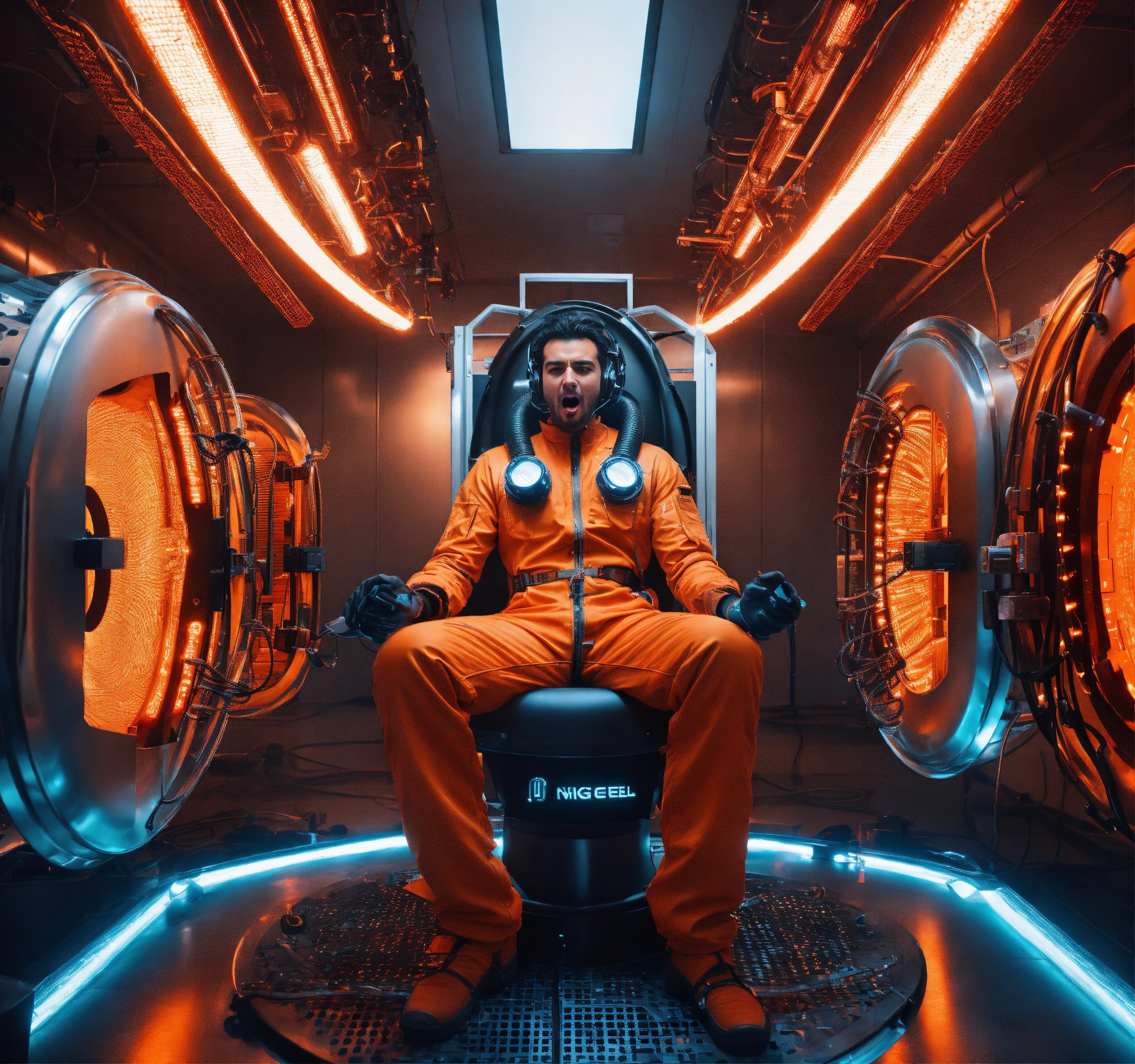 Lexica - Clean cut dark hair guy in futuristic orange jumpsuit is ...
