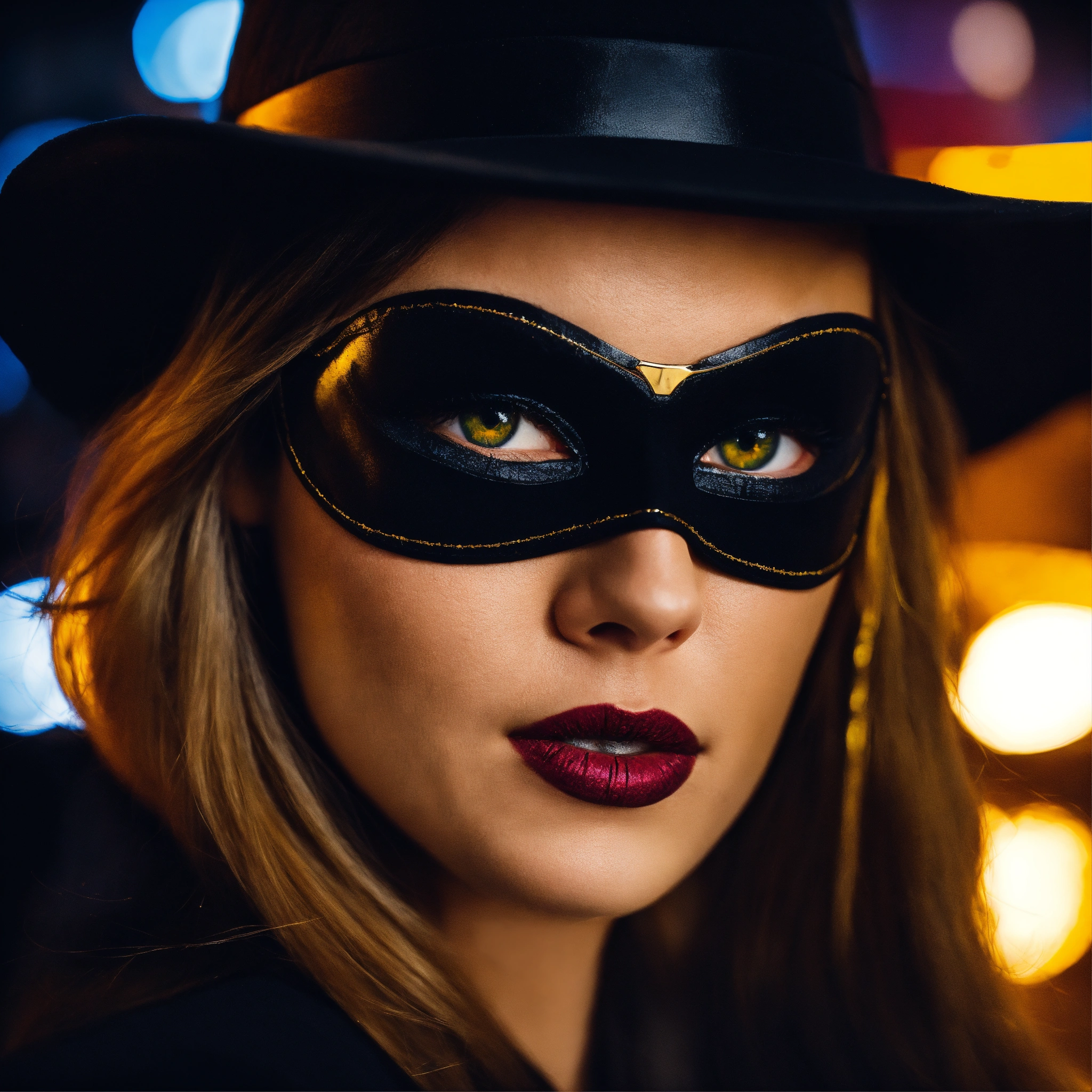 Lexica - Mafia boss lady mit einer Skimaske und Amber eyes.