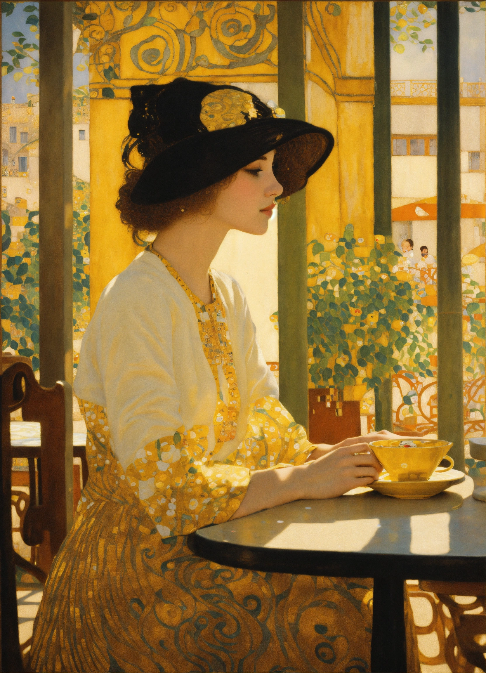 Lexica - A beautiful girl sitting in a sunny european cafe with tables ...