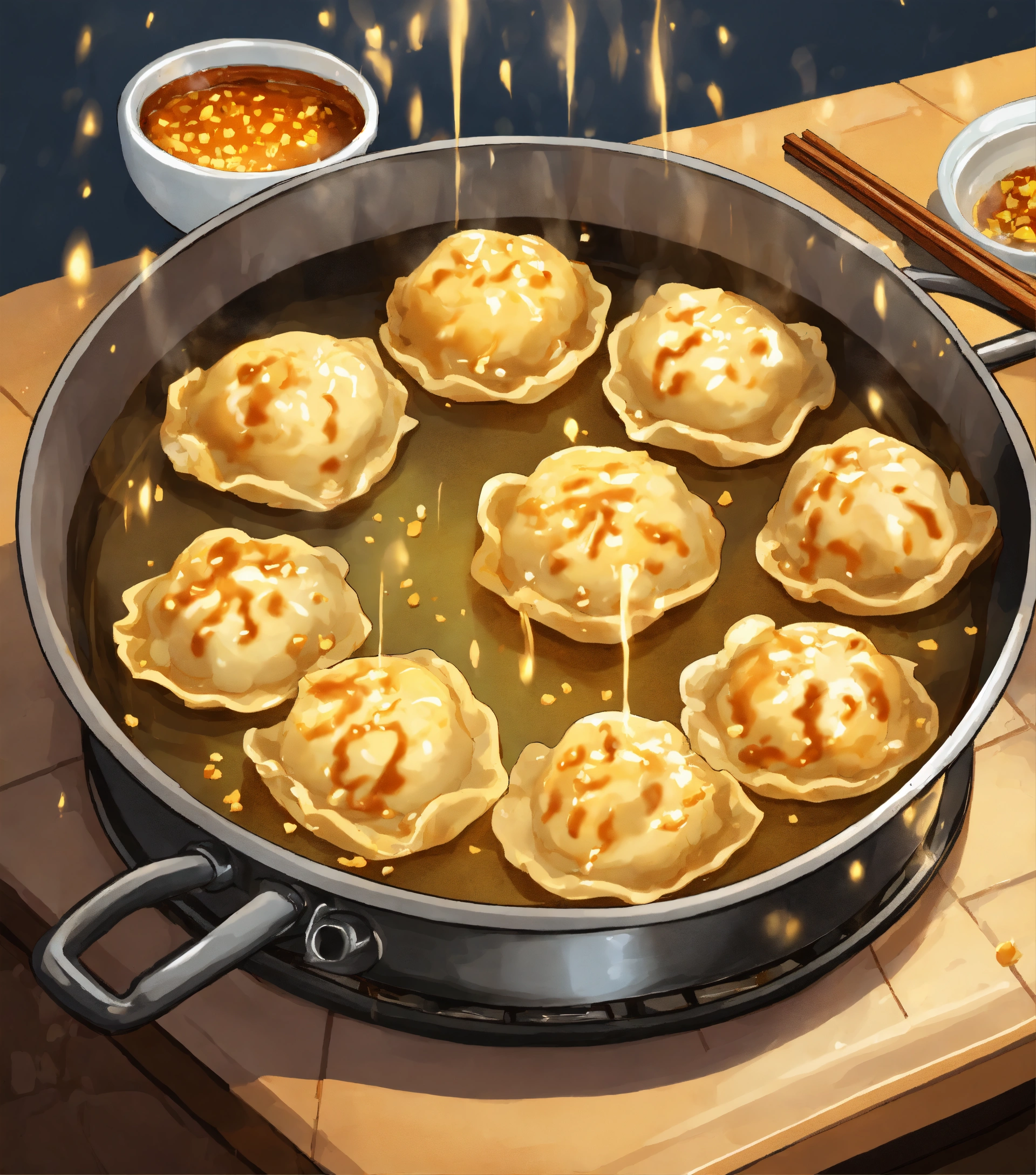 Lexica - A very funny cartoon illustration of Fried dumplings sizzling ...