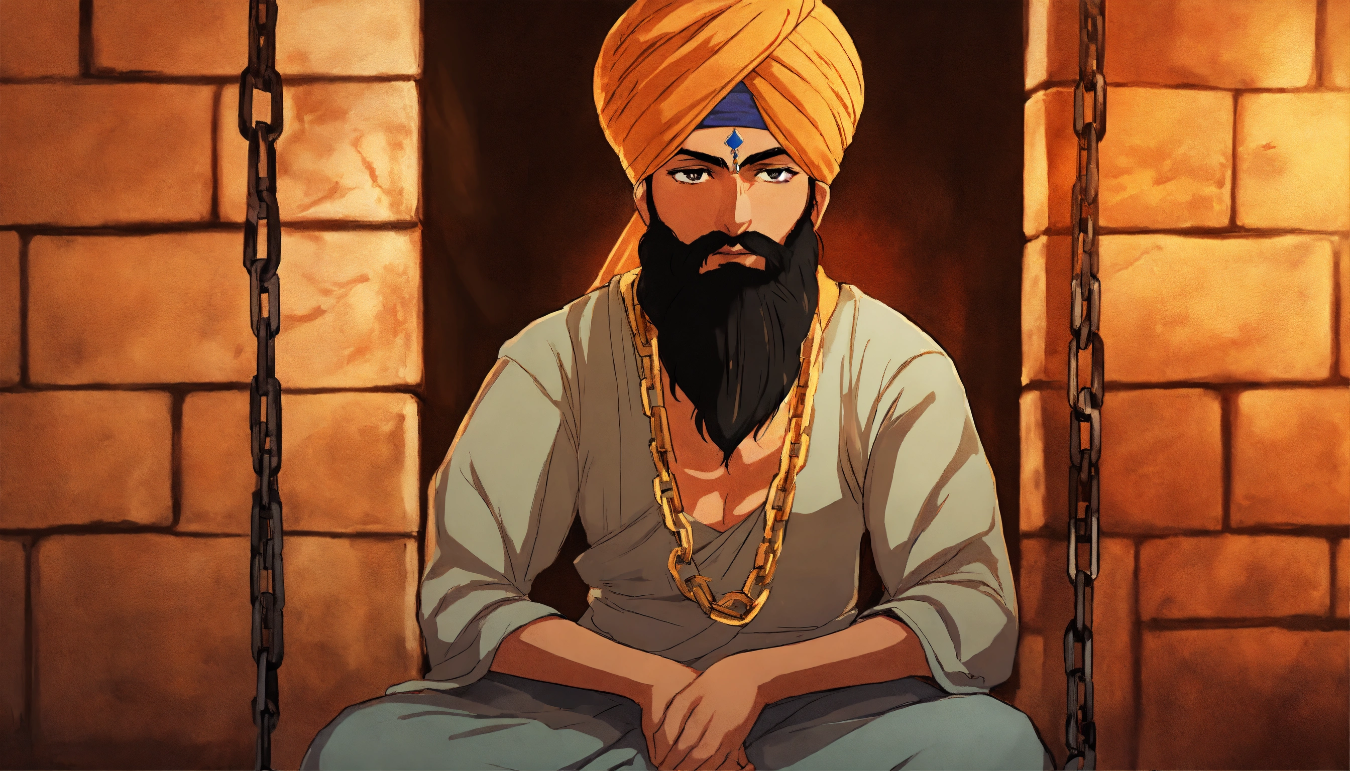 Lexica - A anime style picture of imprisoned sikh guru banda bahadur in ...