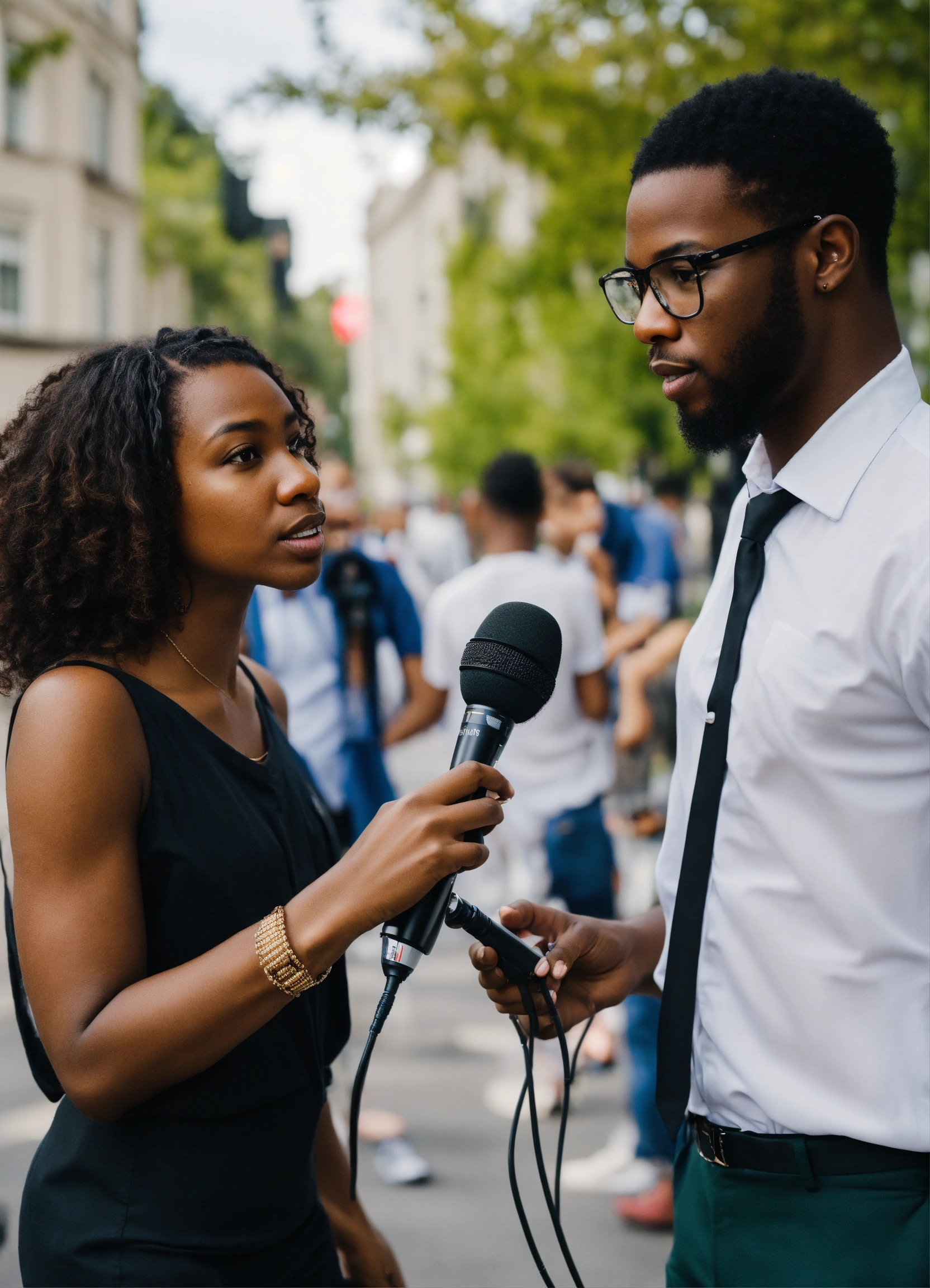 Lexica - Black journalist in a white shirt with interviewing someone in ...