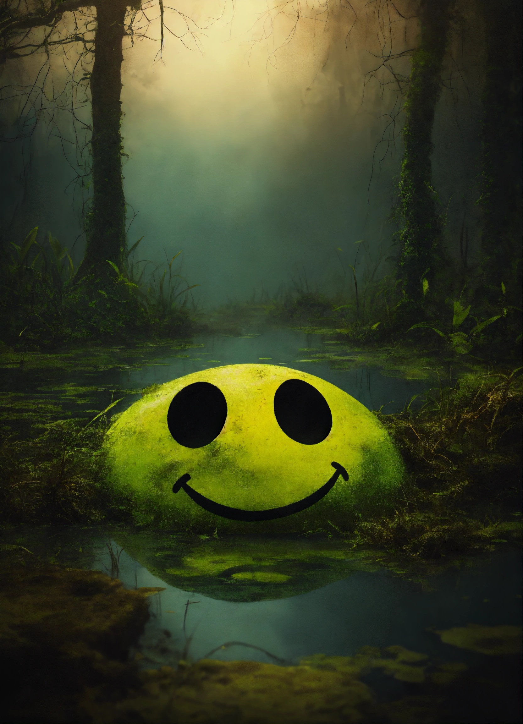 Lexica - Floating creepy smiley face in swamp dark estetic with text ...