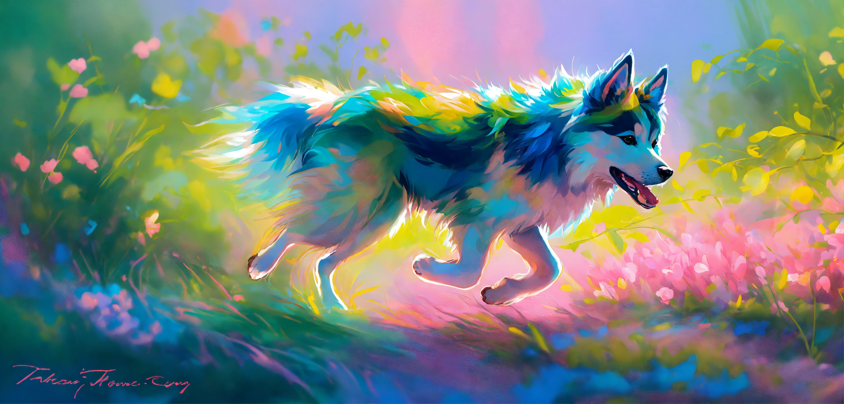 Lexica - In this vibrant painting, a graceful Pomsky is captured in ...