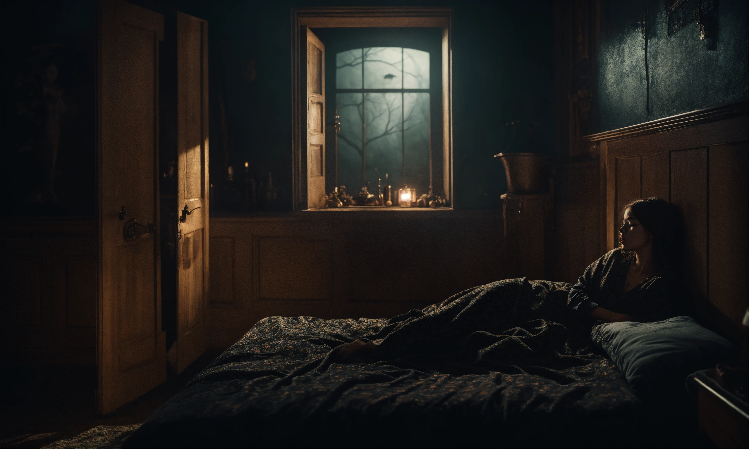 Lexica - Spooky dark room; girl sleeping; a demon at the door; scary ...