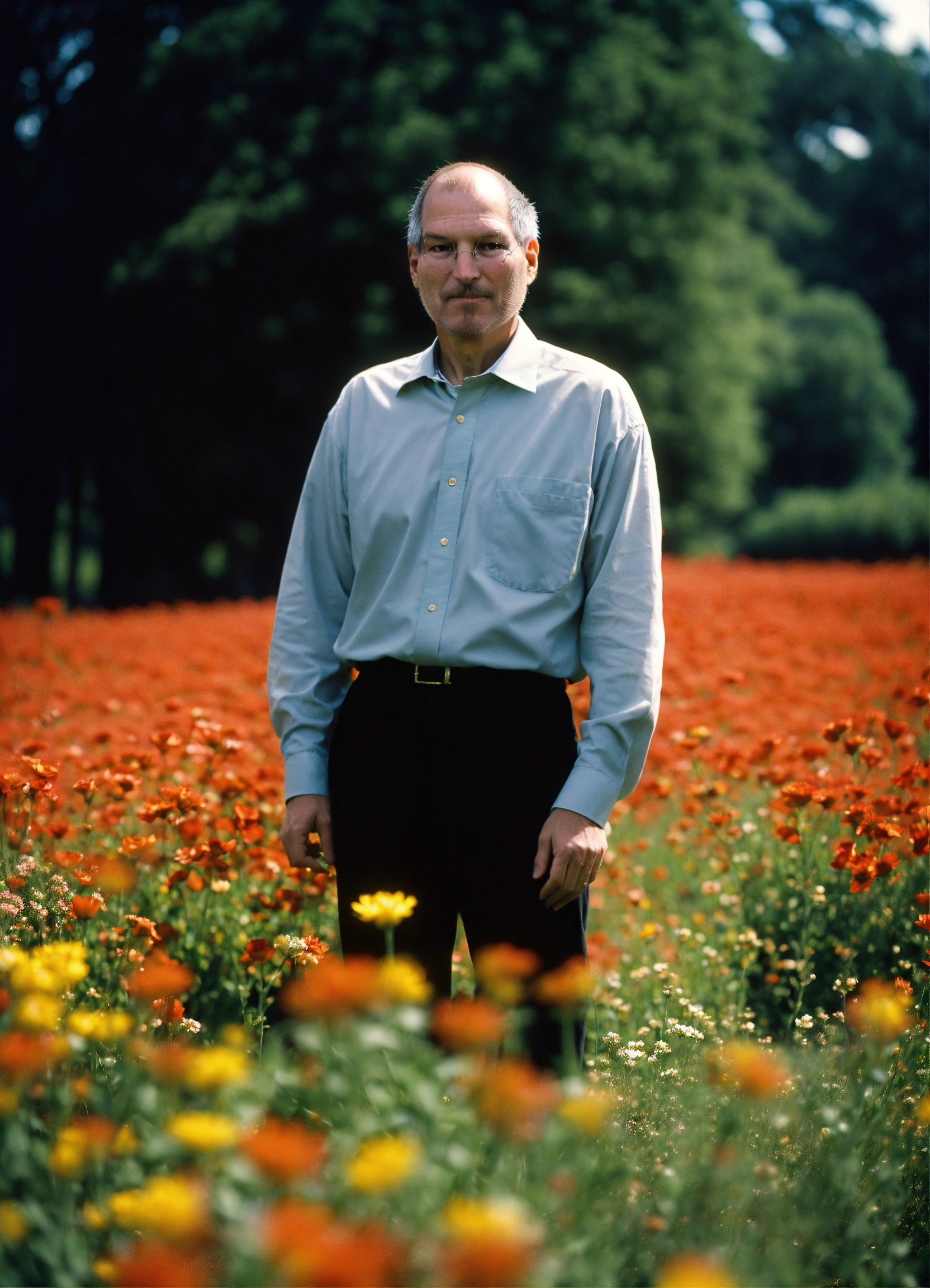 Lexica - Happy Steve Jobs standing in a beautiful field of flowers ...