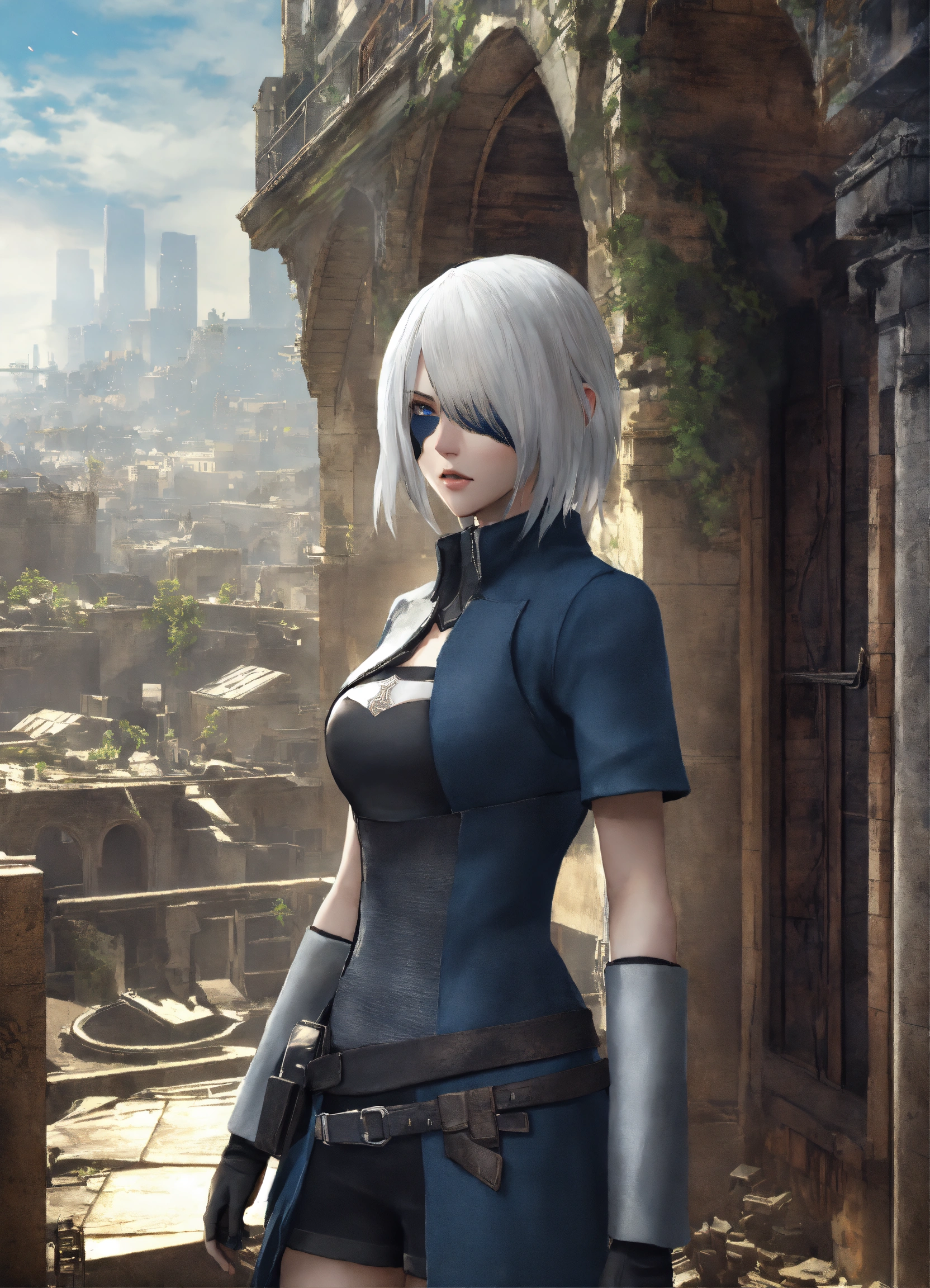 Lexica - Render of nier automata A2 long white hair, blue eyes, in city ...