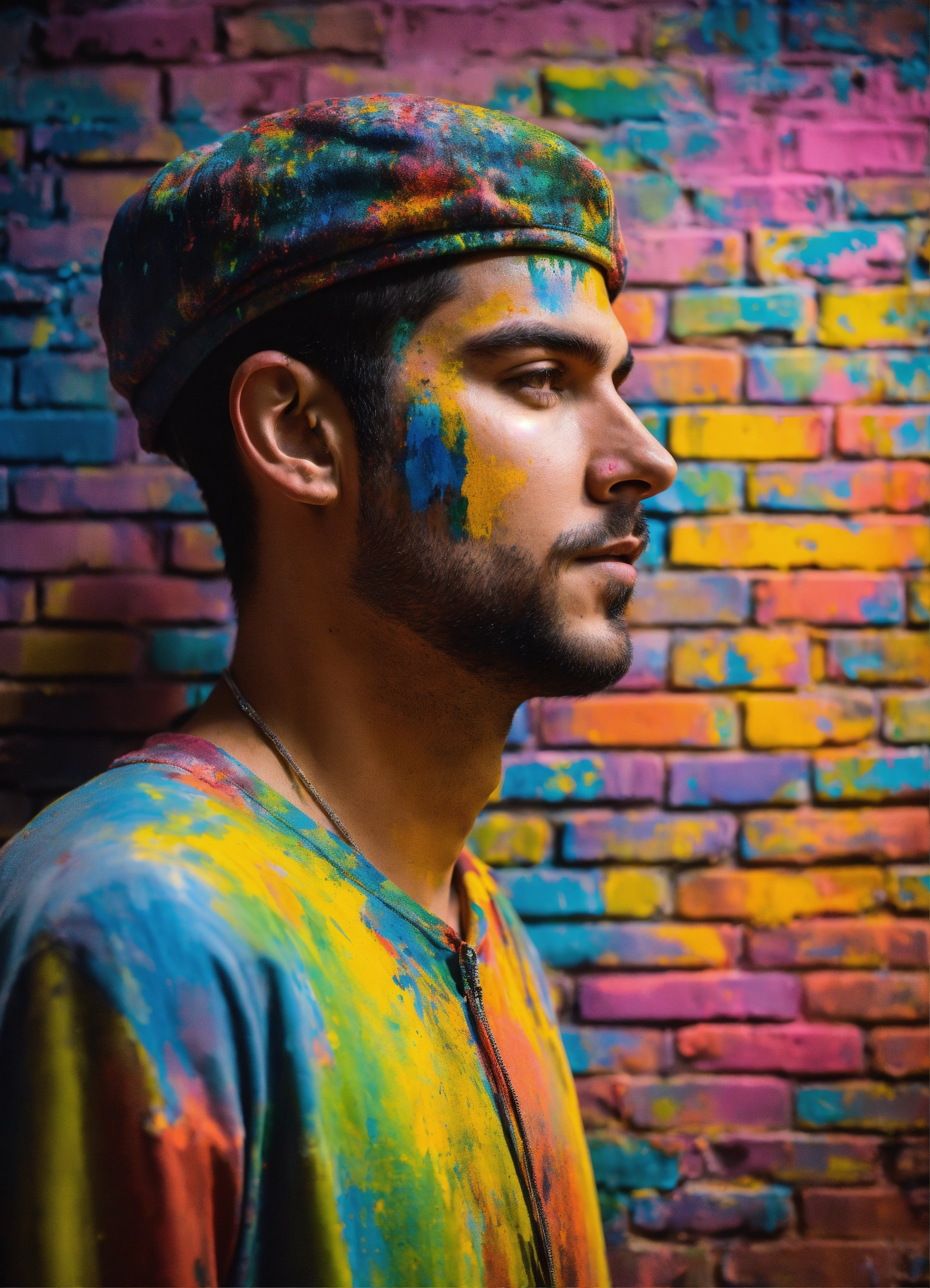 Lexica - Imagine a man painted on a brick wall. This man is in several ...