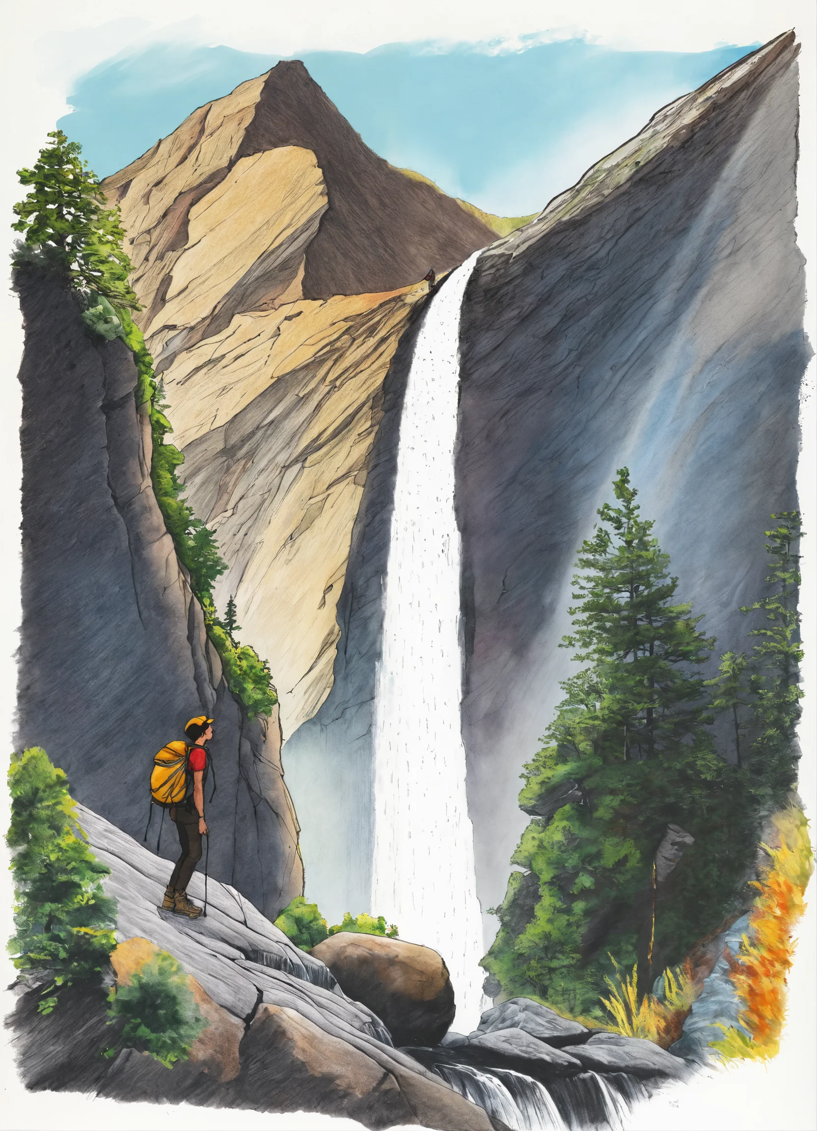 Lexica - A drawing illustrating a hiker with a mountain and a waterfall ...