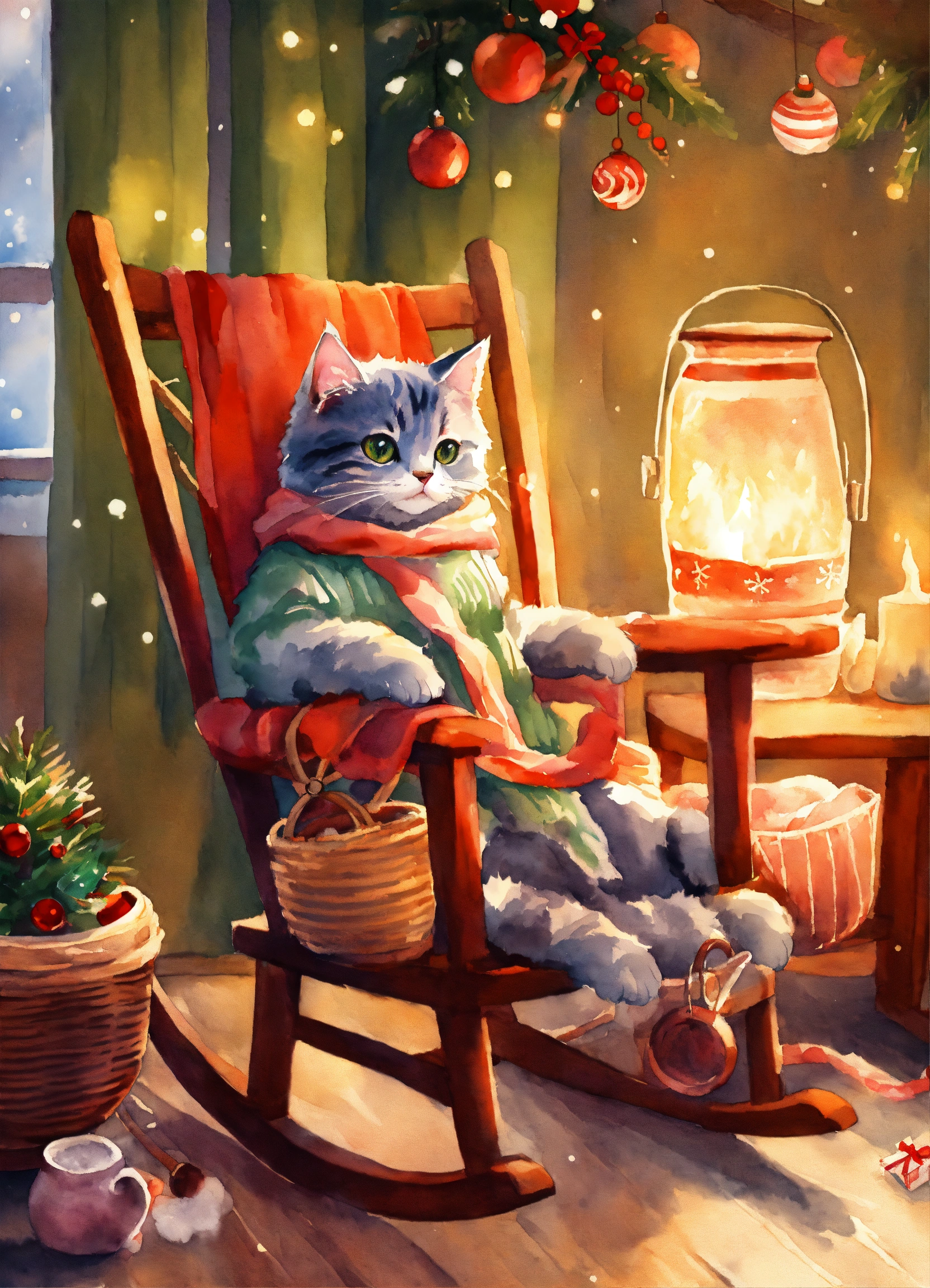 Lexica - Cute humanized cat sitting in a rocking chair with hot tea in ...