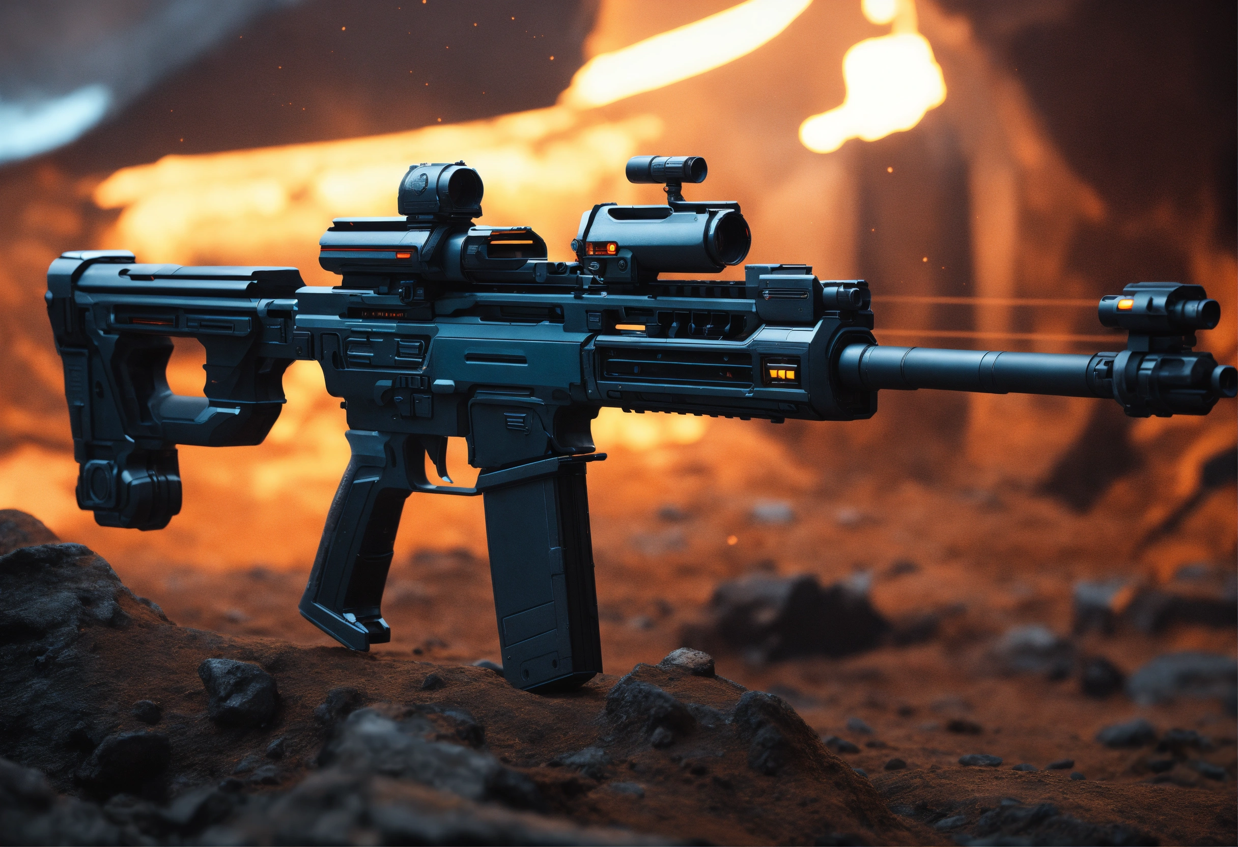 Lexica - Full side view of a black sci fi energy rifle, HD, ultra detailed