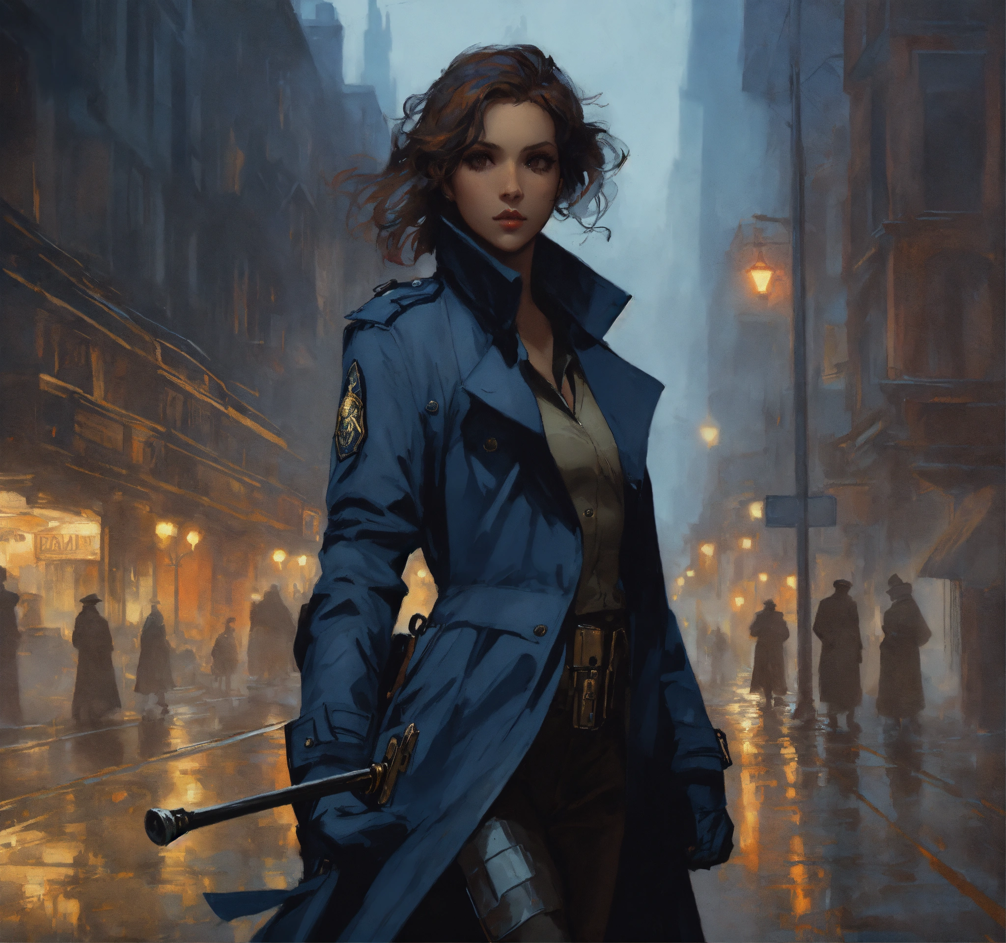 Lexica - Female cop wearing a light navy trench coat with a sword, dark ...