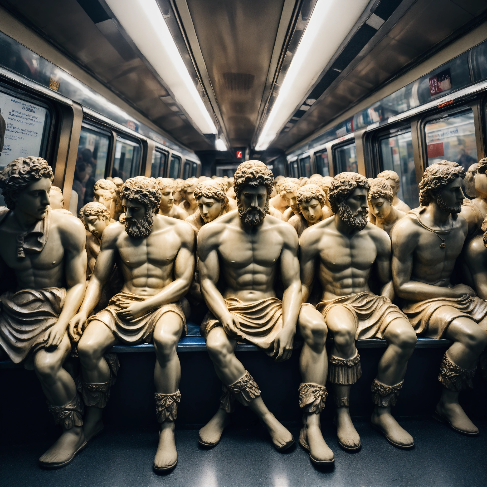 Lexica - Many Greek marble statues sitting in a very crowded subway ...