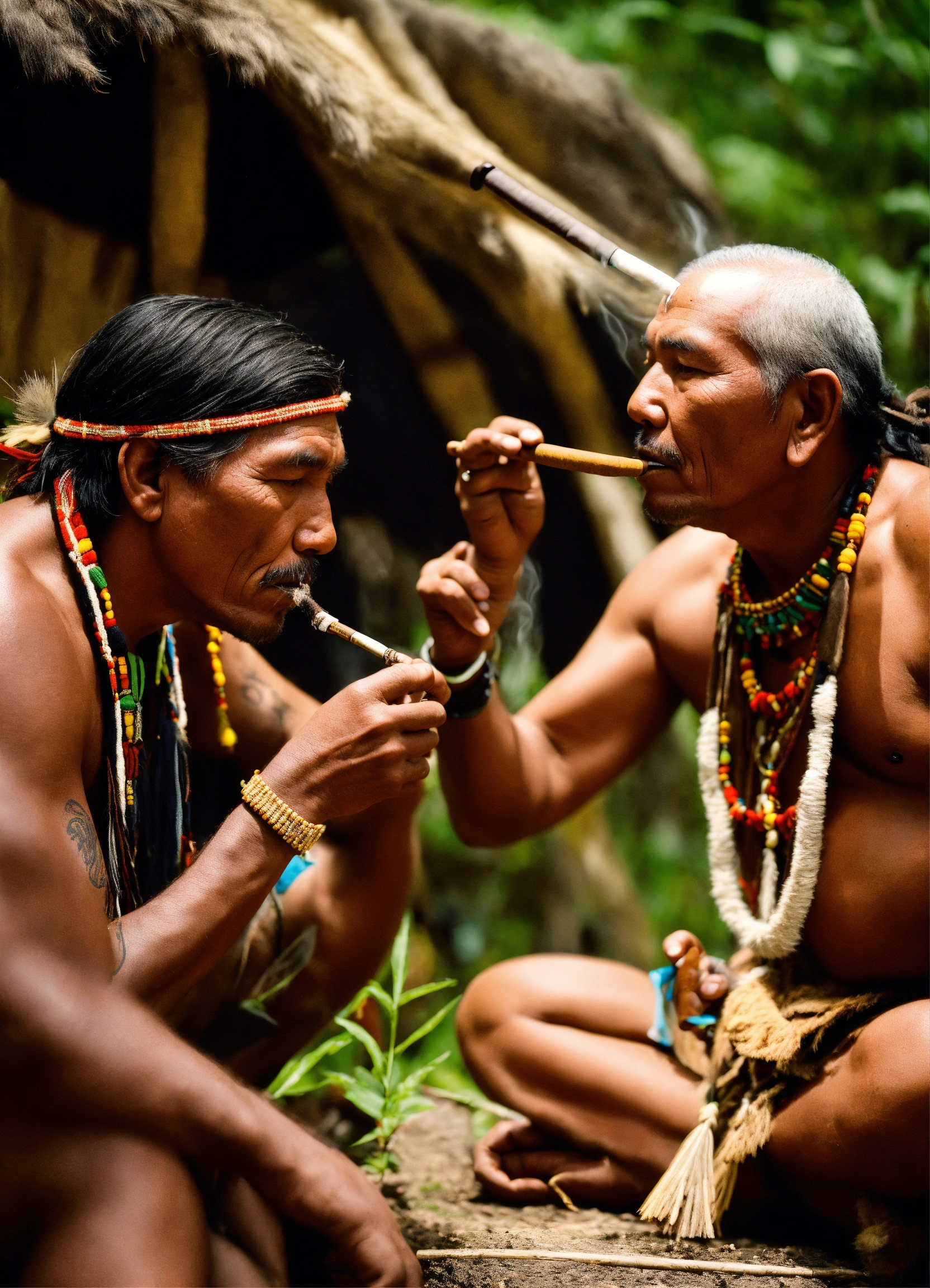 Lexica - Indigenous men sharing sacred tobacco, pipe, snuff