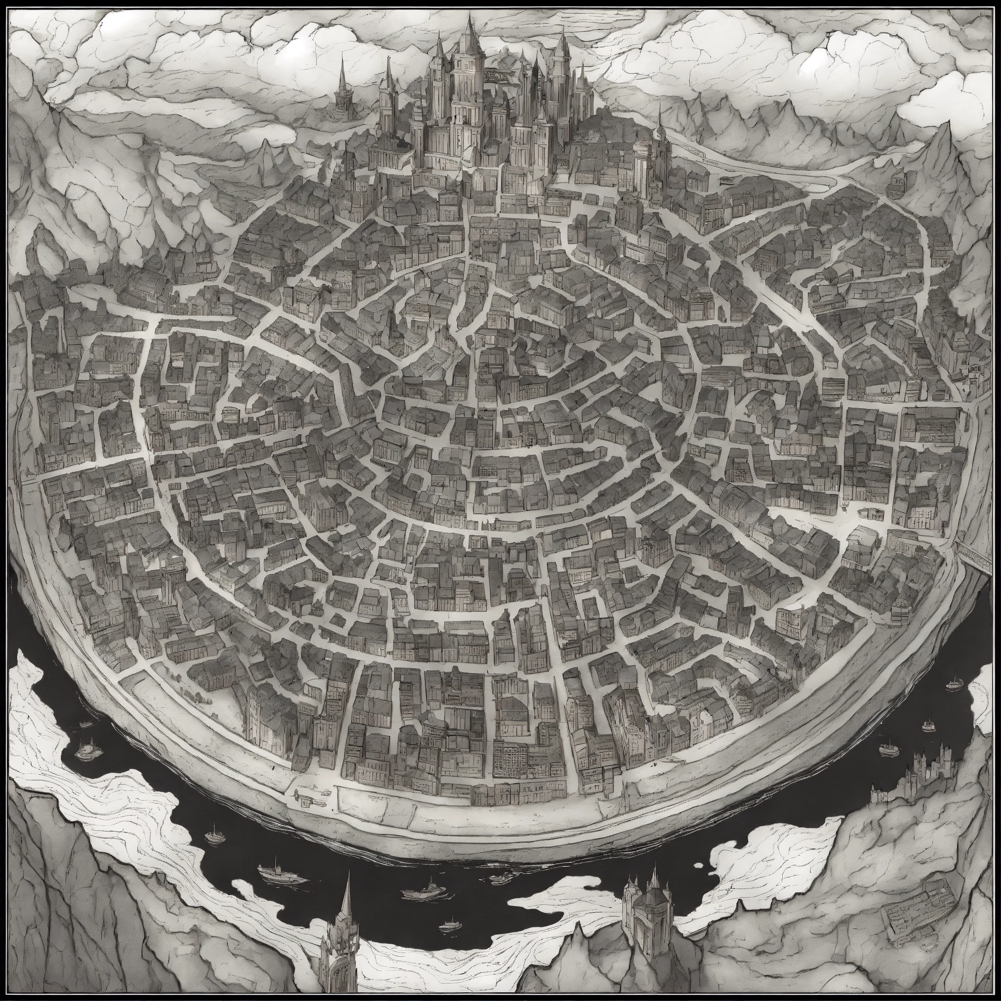 Lexica - Inked map of a massive fantasy city. top-down view