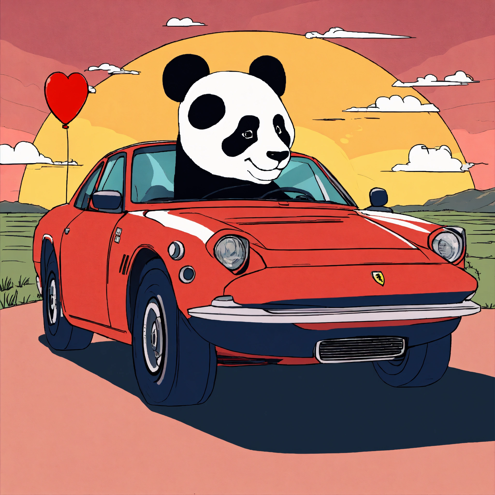 Lexica - Drawing of a panda driving a ferrari at sunset listening to ...