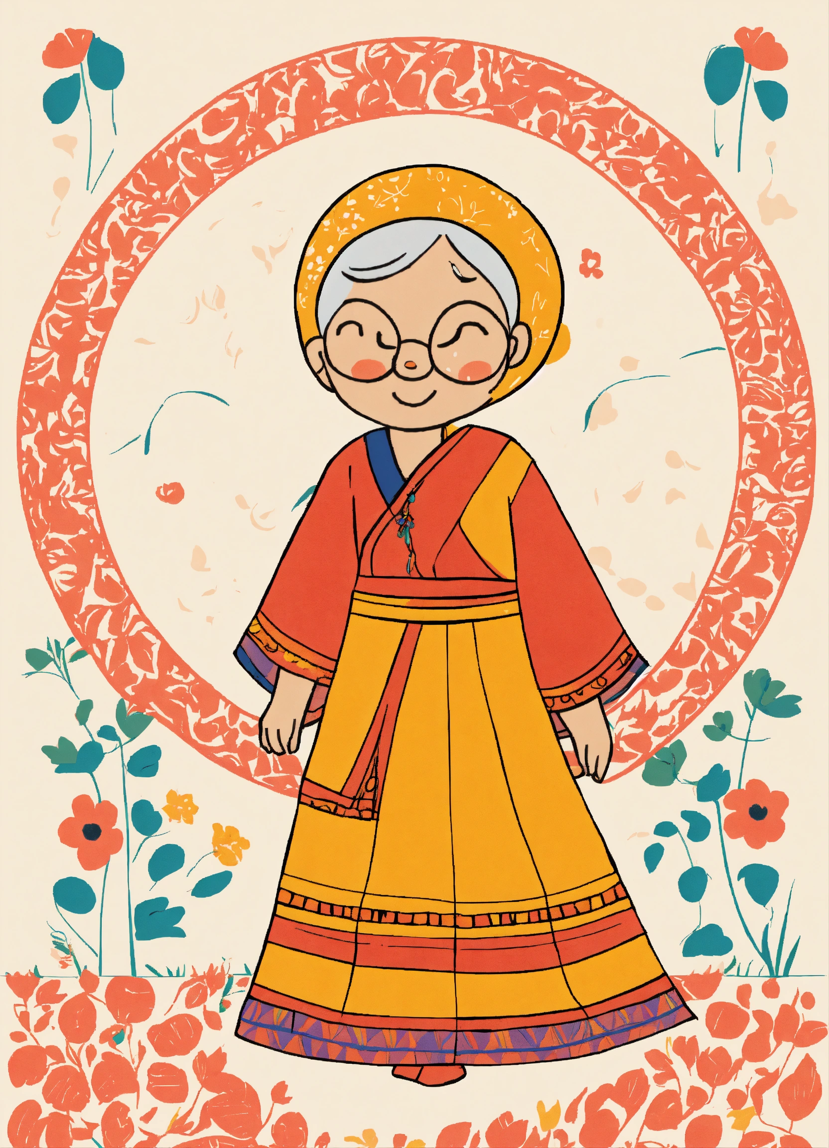 Lexica - Cute round doodle of grandma in a sari, flat primary colors ...