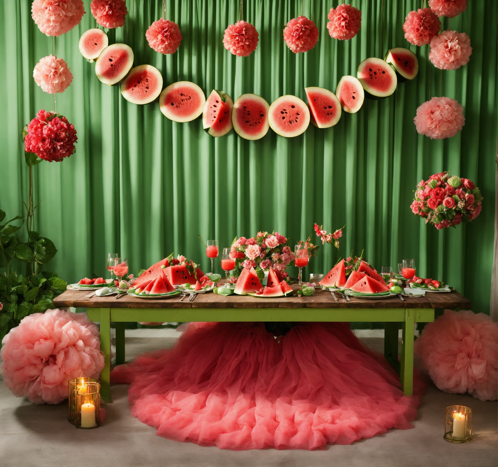 Lexica - Watermelon room, watermelon dinner table , flower swing, candles