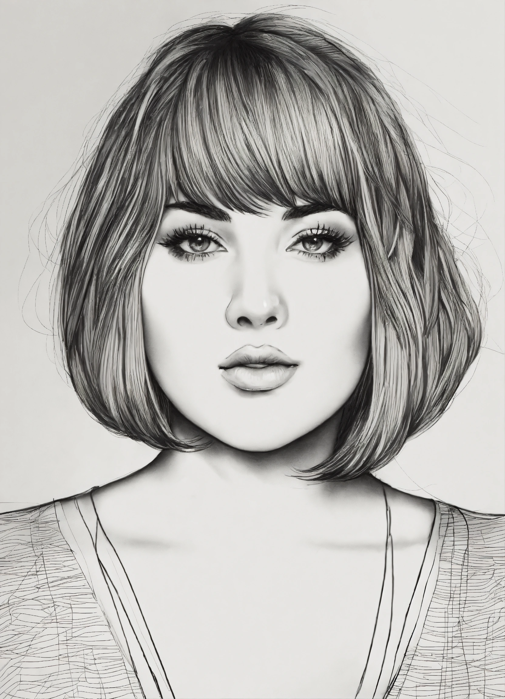 Lexica - Black and white line drawing, plus size woman, bob with bangs ...