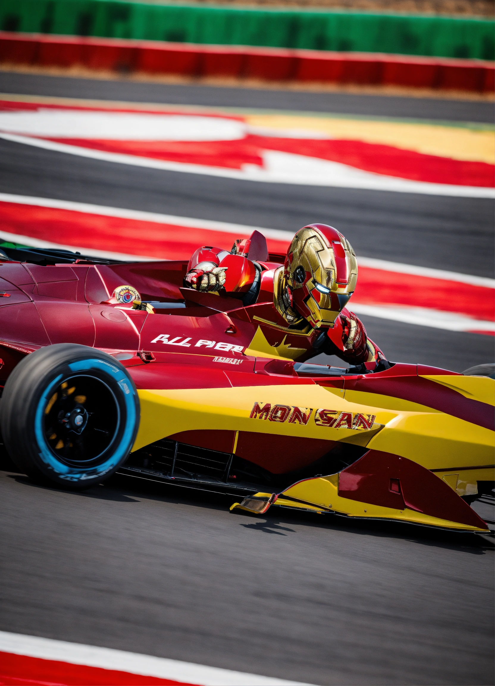 Lexica - Herói iron man, em pé, próximo ao carro de fórmula 1, em uma ...