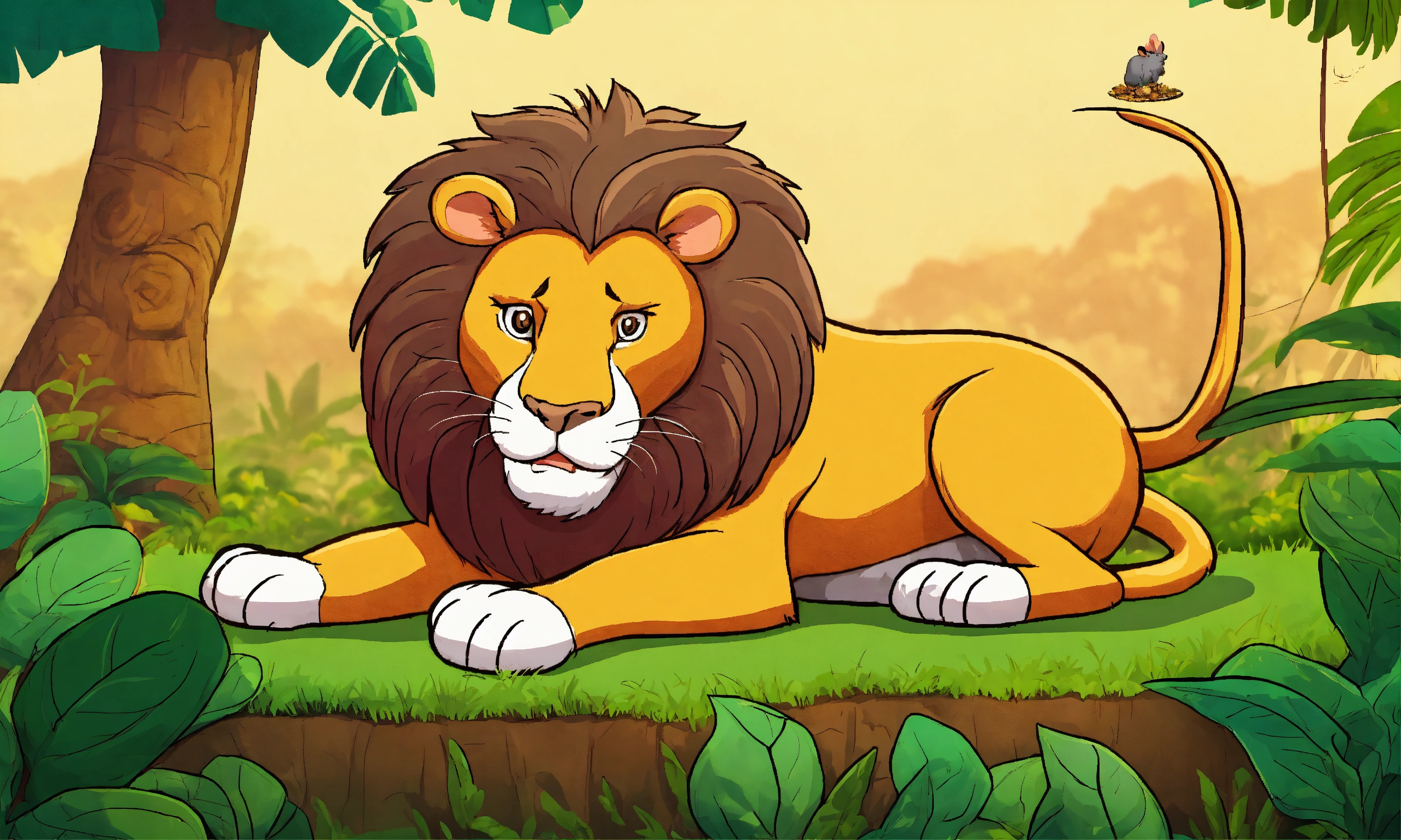 Lexica - Cartoon big lion sleeping and mouse jumping on lion in jungle