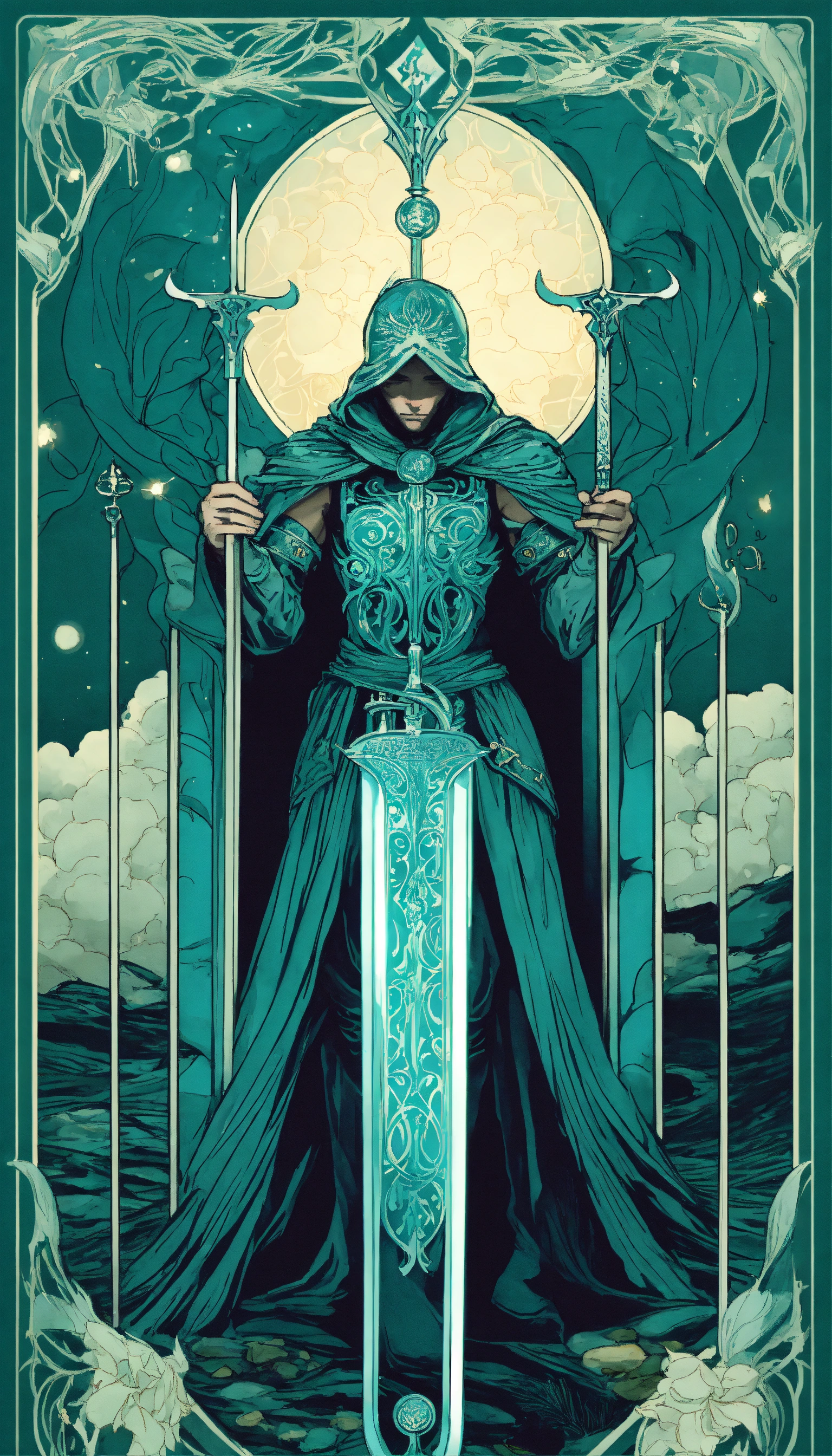 Lexica - Art Nouveau tarot card teal and white glowing killed man on ...