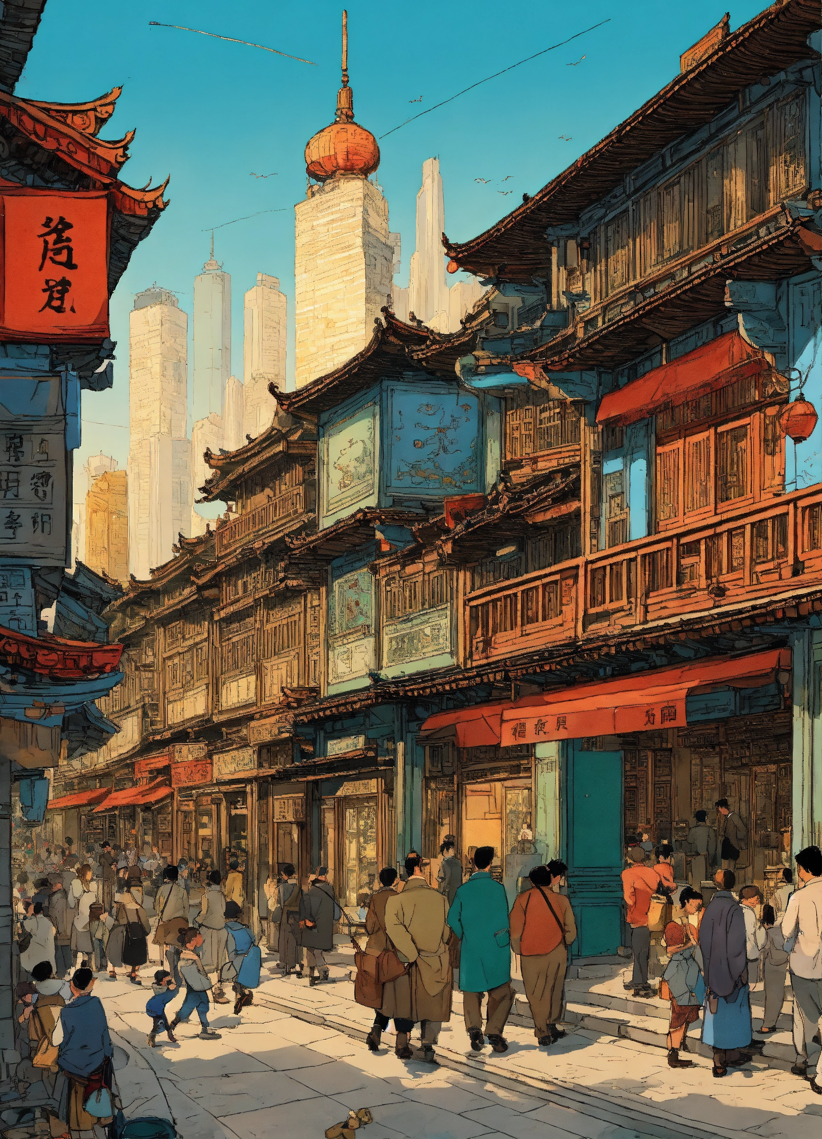 Lexica - Detailed, vibrant illustration of old Shanghai buildings, by ...