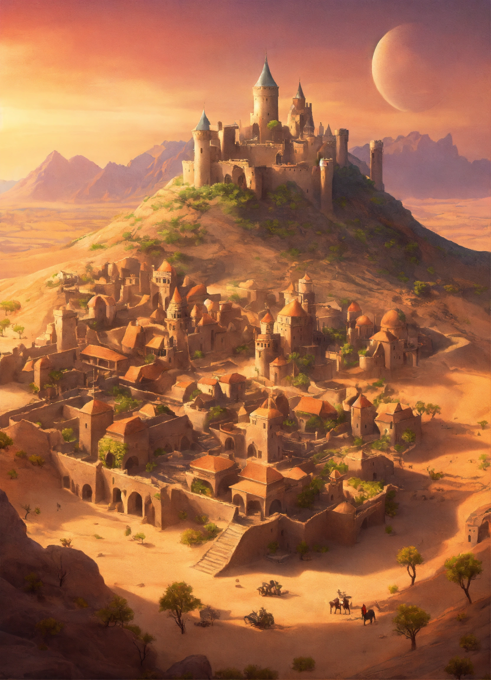 Lexica - Fantasy, desert town with castle in the middle