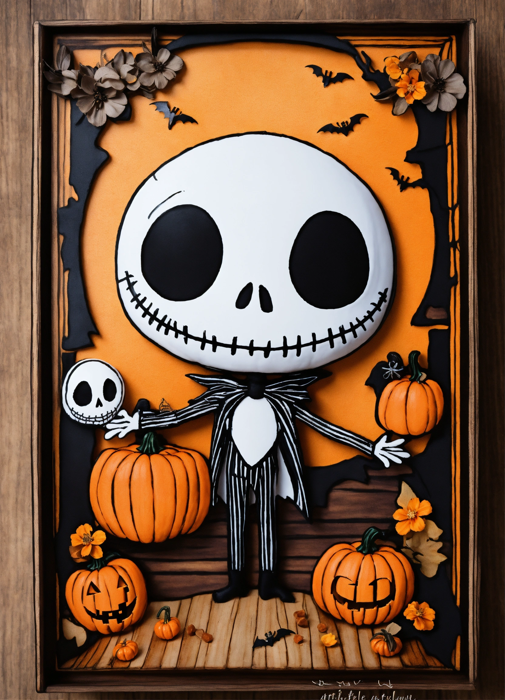 Lexica - Chibi Jack Skellington sur un panneau en bois avec le texte ...