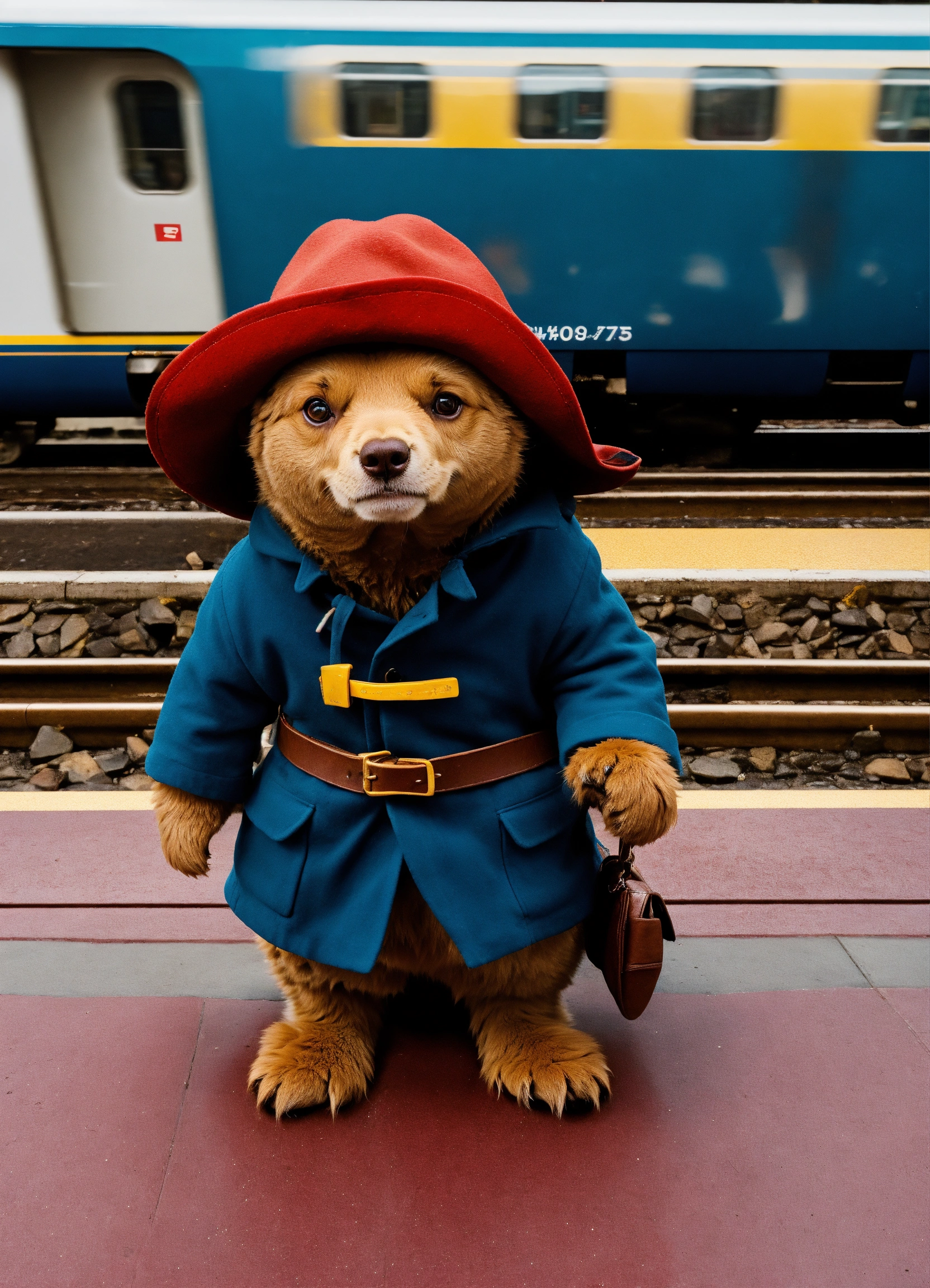 Lexica - Paddington doing angry stare. On train platform. Close up.