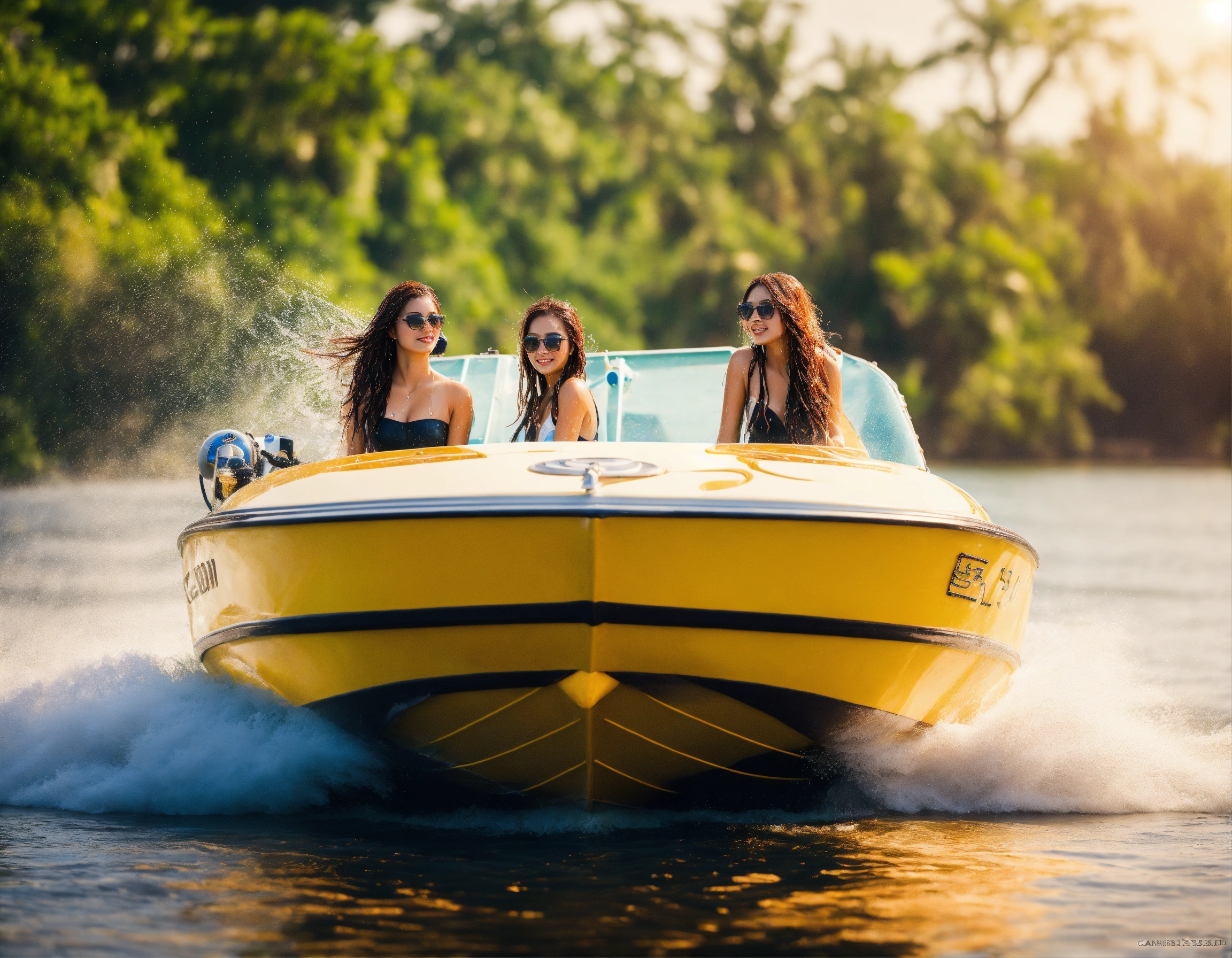 Lexica - Beautiful girls, speedboat, wet droplets, high detail, wide ...