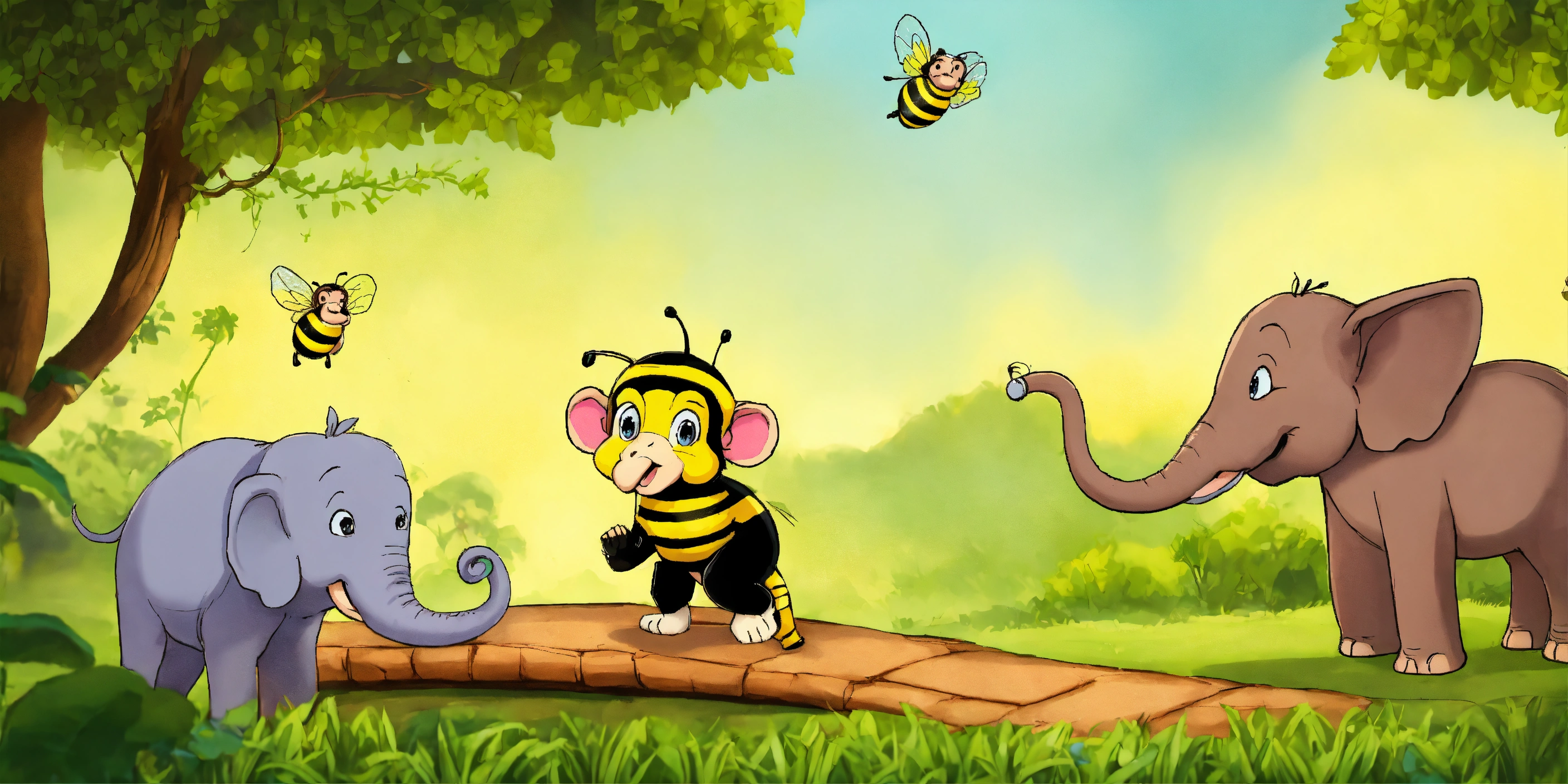 Lexica - Bee watching small monkey and elephant cartoon