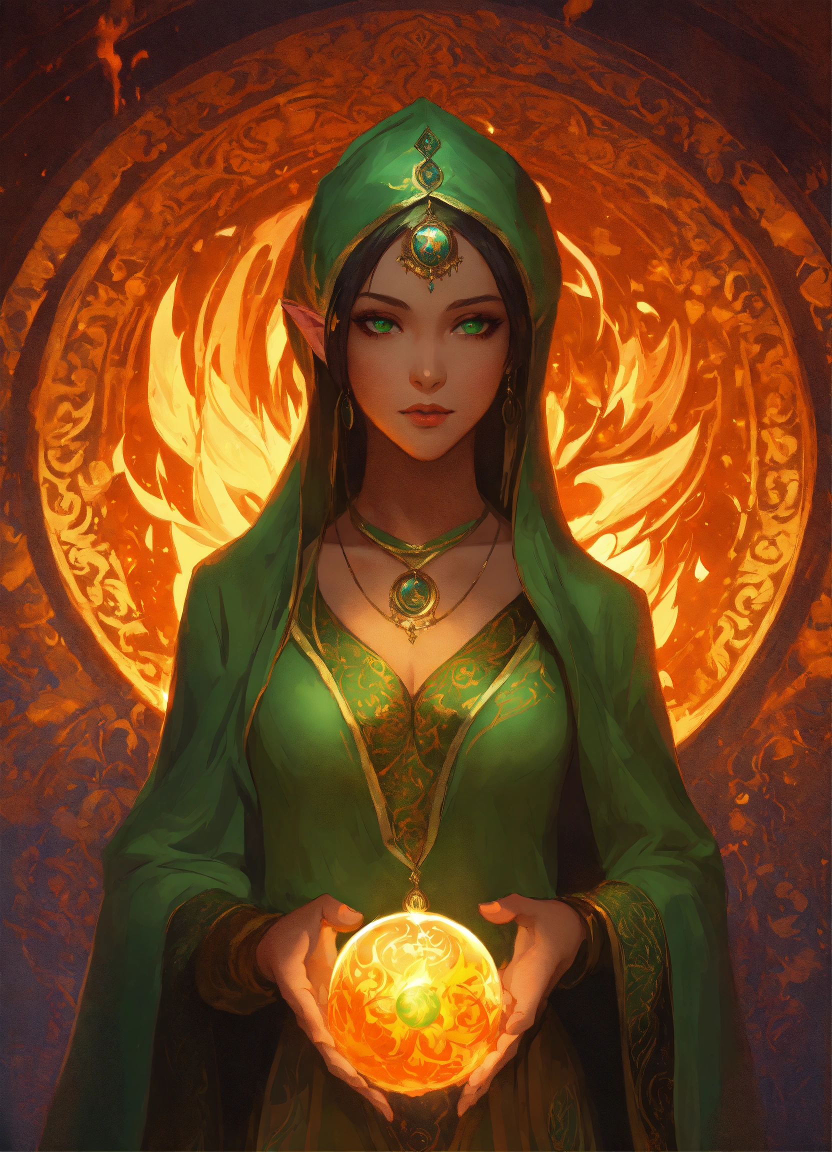 Lexica - Beatiful, Female elf timurid sorceress with glowing fire orb ...