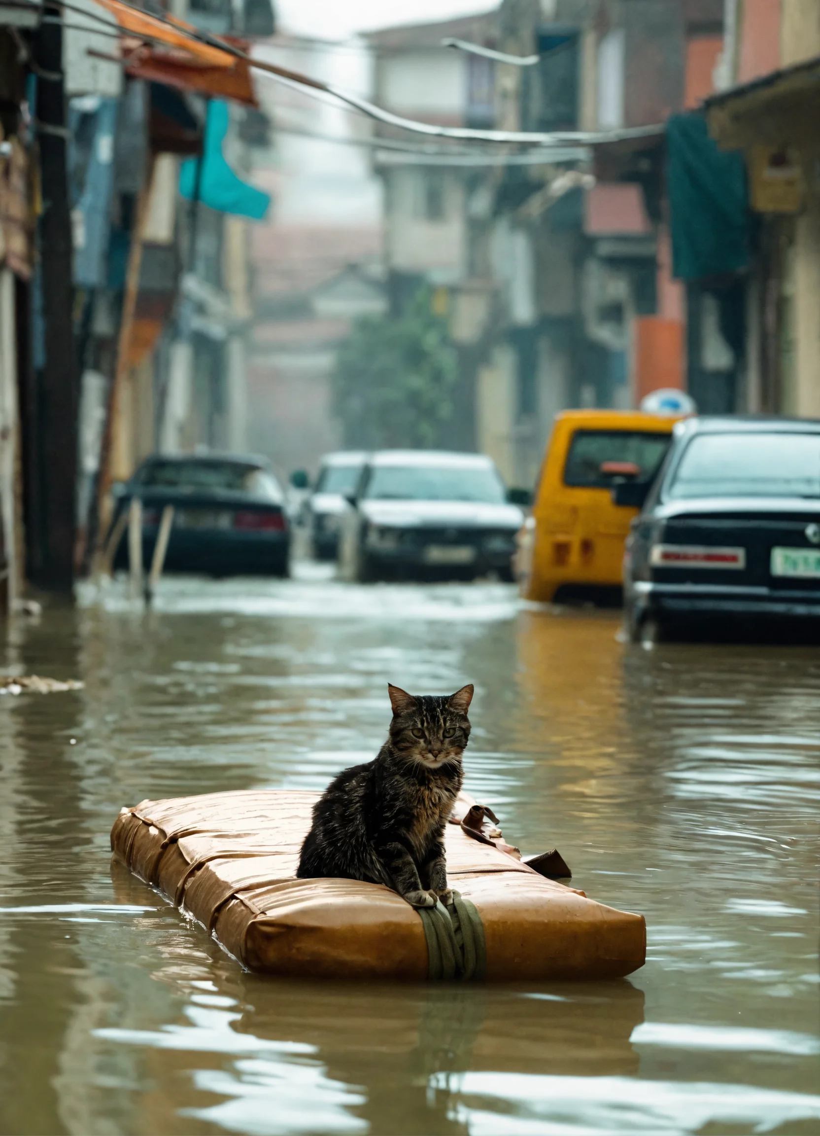 Lexica - A cat floats on a raft along the street of a flooded city
