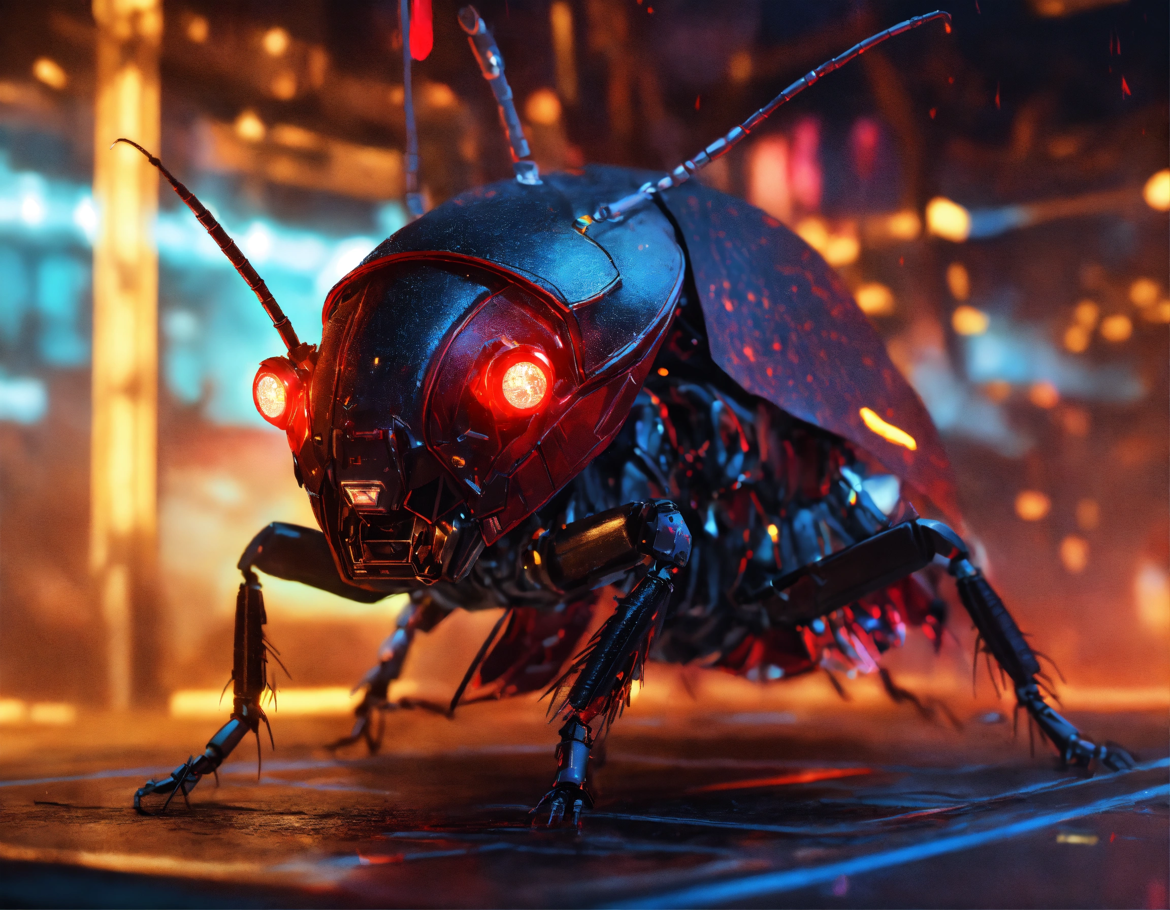 Lexica - Zoom out shot of standing black cockroach faced humanoid with ...