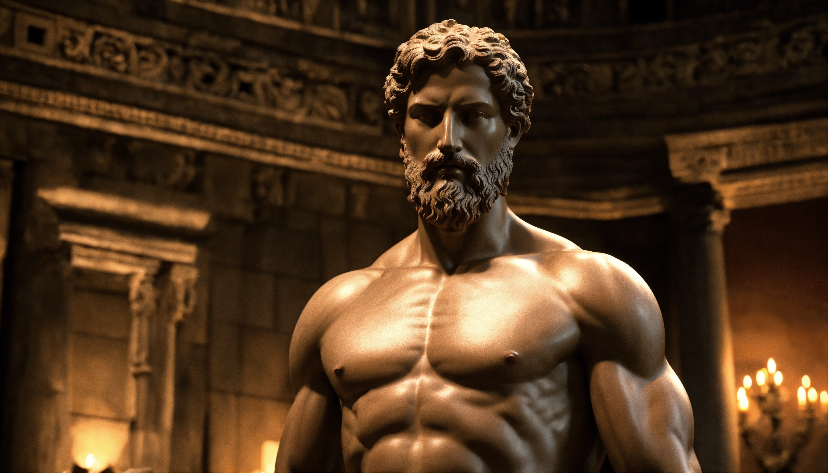 Lexica - Greek statue, jung man, muscular, ancient Greece in the background, dark background ...