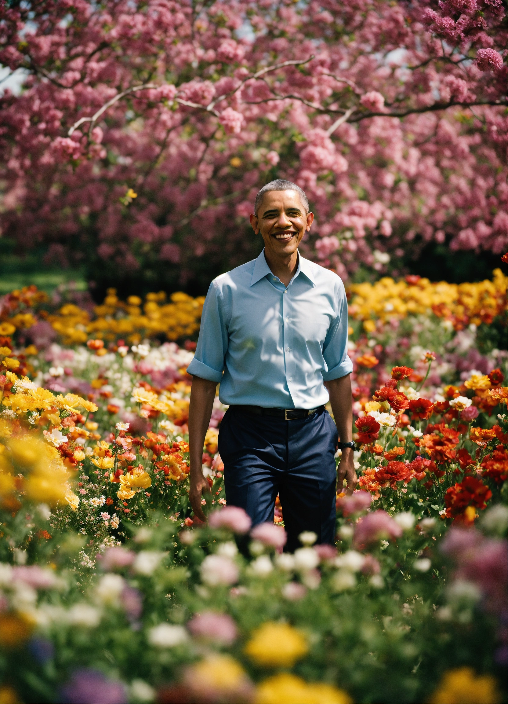 Lexica - Happy Barack Obama standing in a beautiful field of flowers ...
