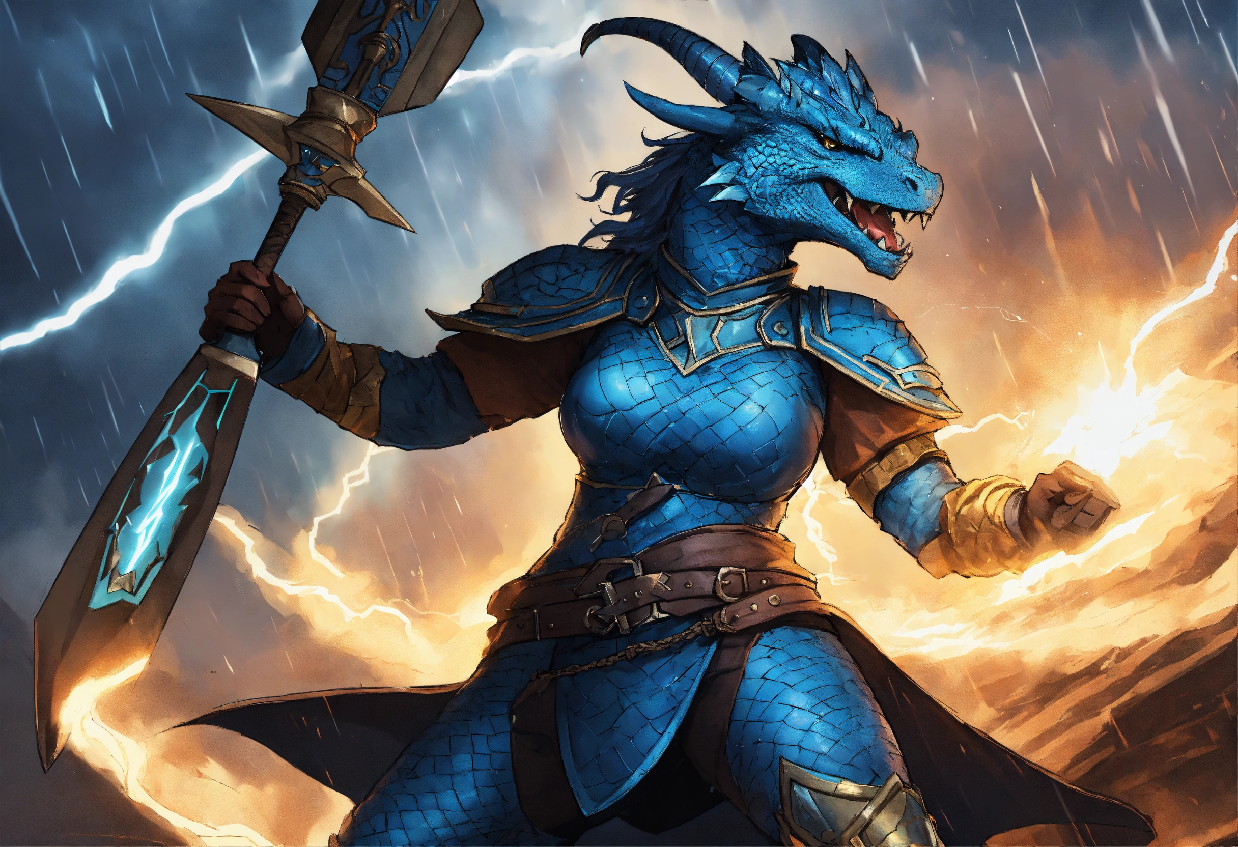 Lexica - A body shot of a female blue Dragonborn warrior, with a tail ...