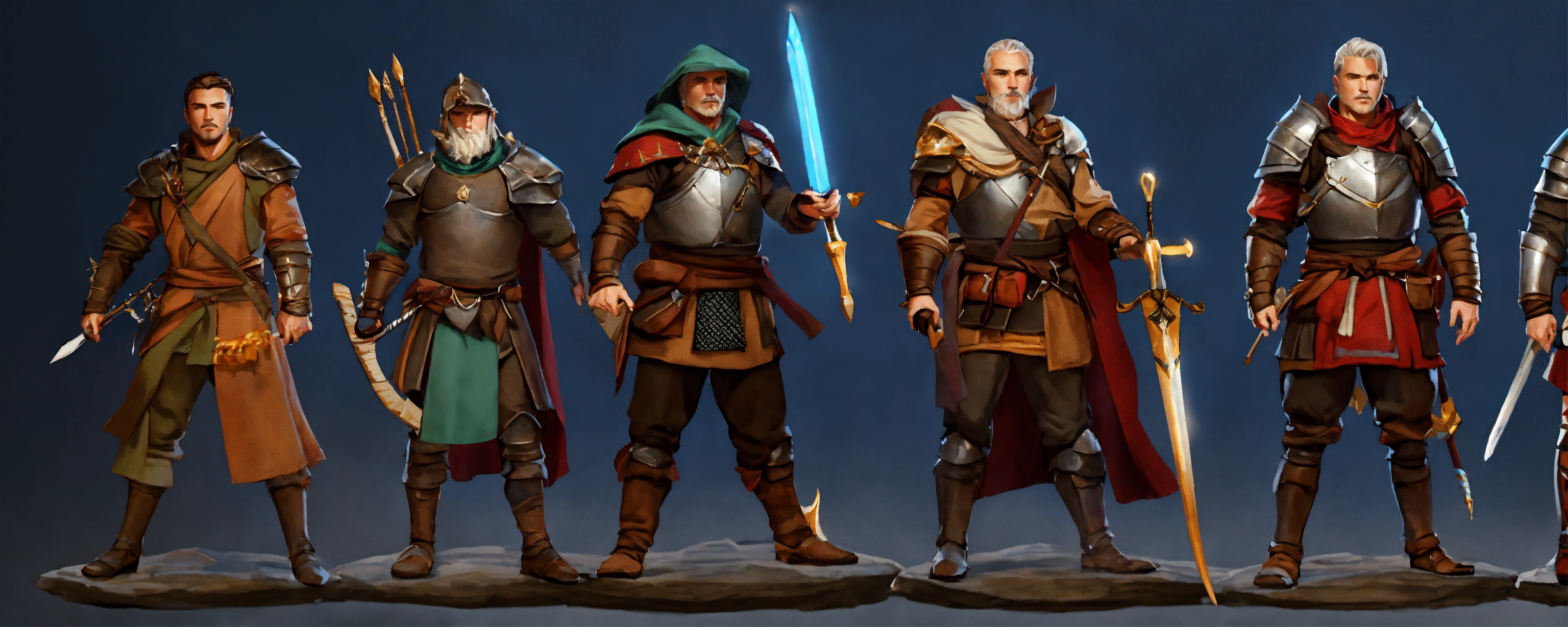 Lexica - 4 realistic full body male figures (mage, knight, archer ...