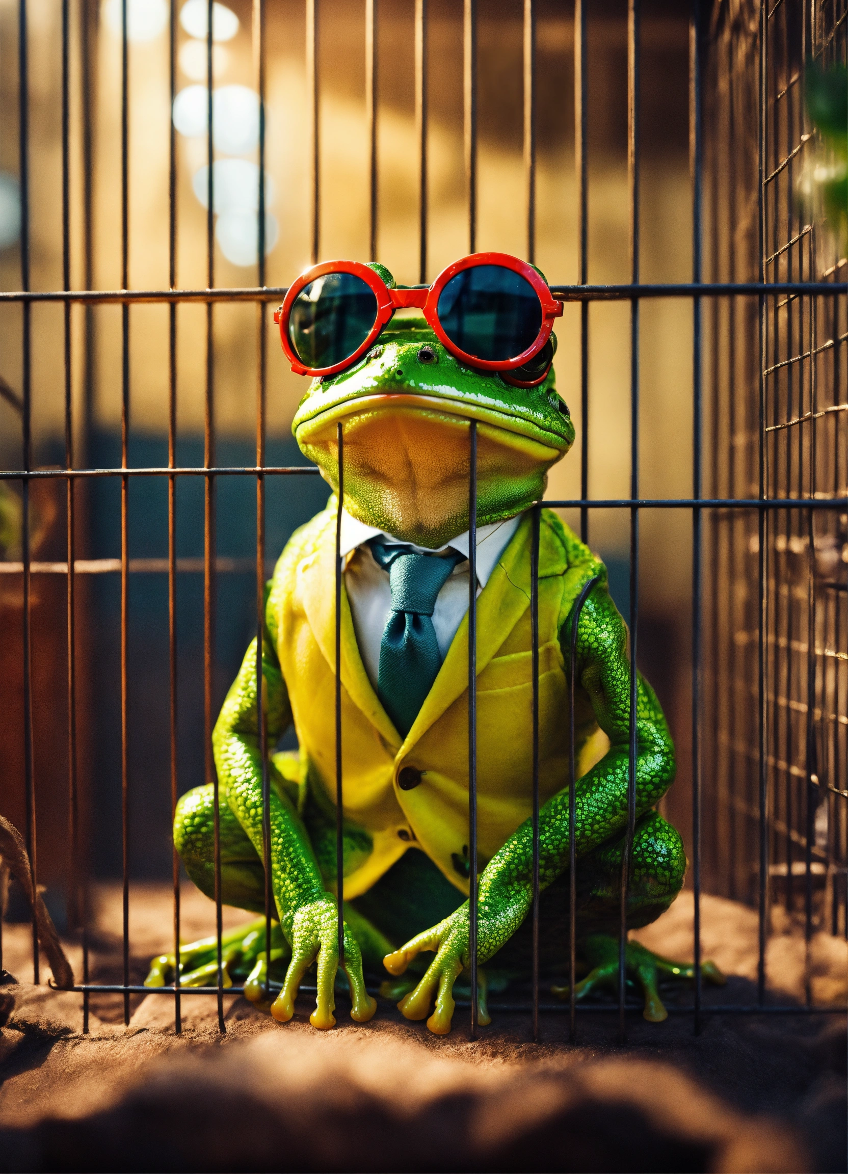 Lexica - Cute frog in suit and sun glasses in in rich colour prison ...