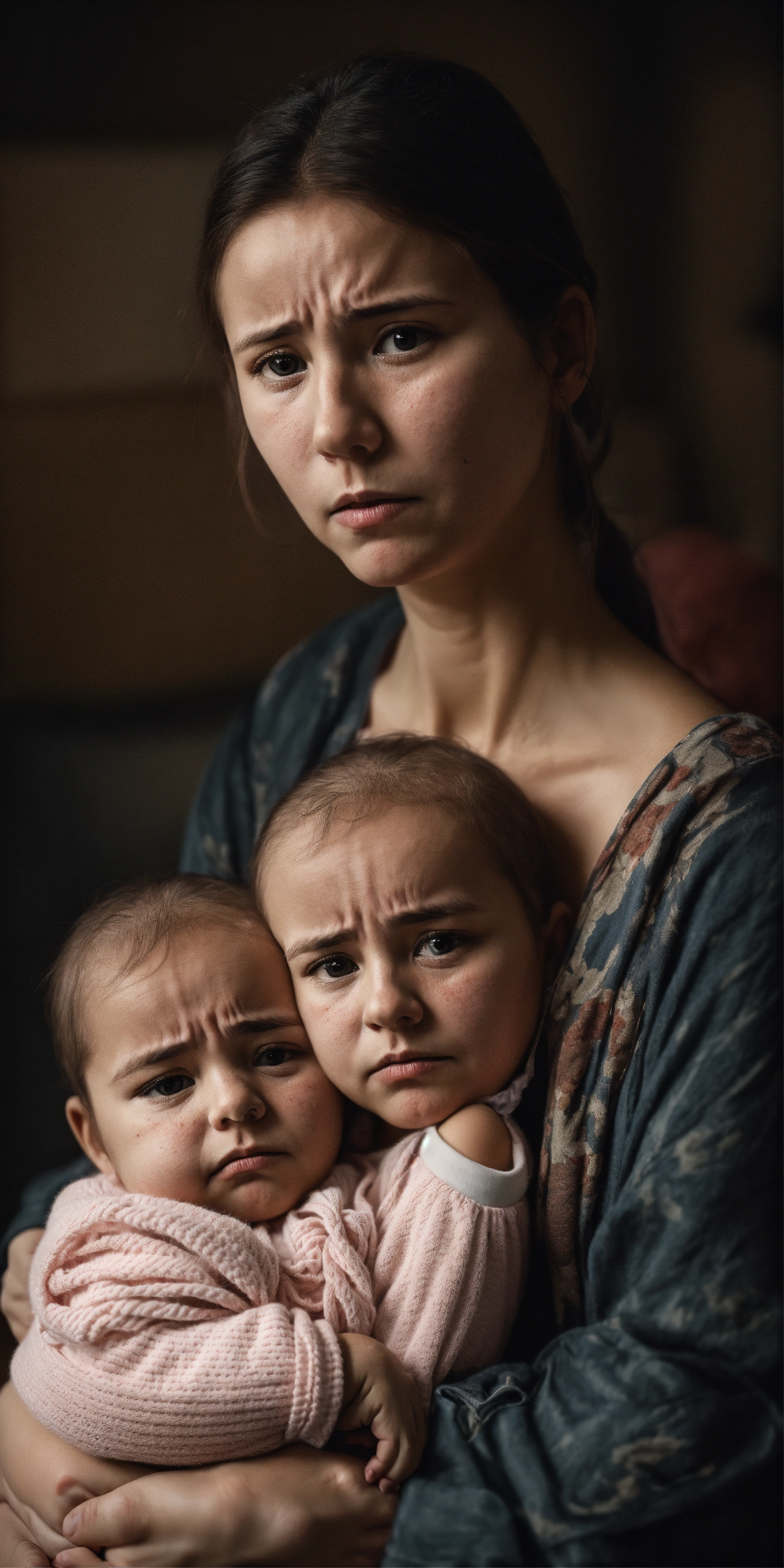 Lexica - A sad woman with a sad and pitiful face holds an infant in her ...