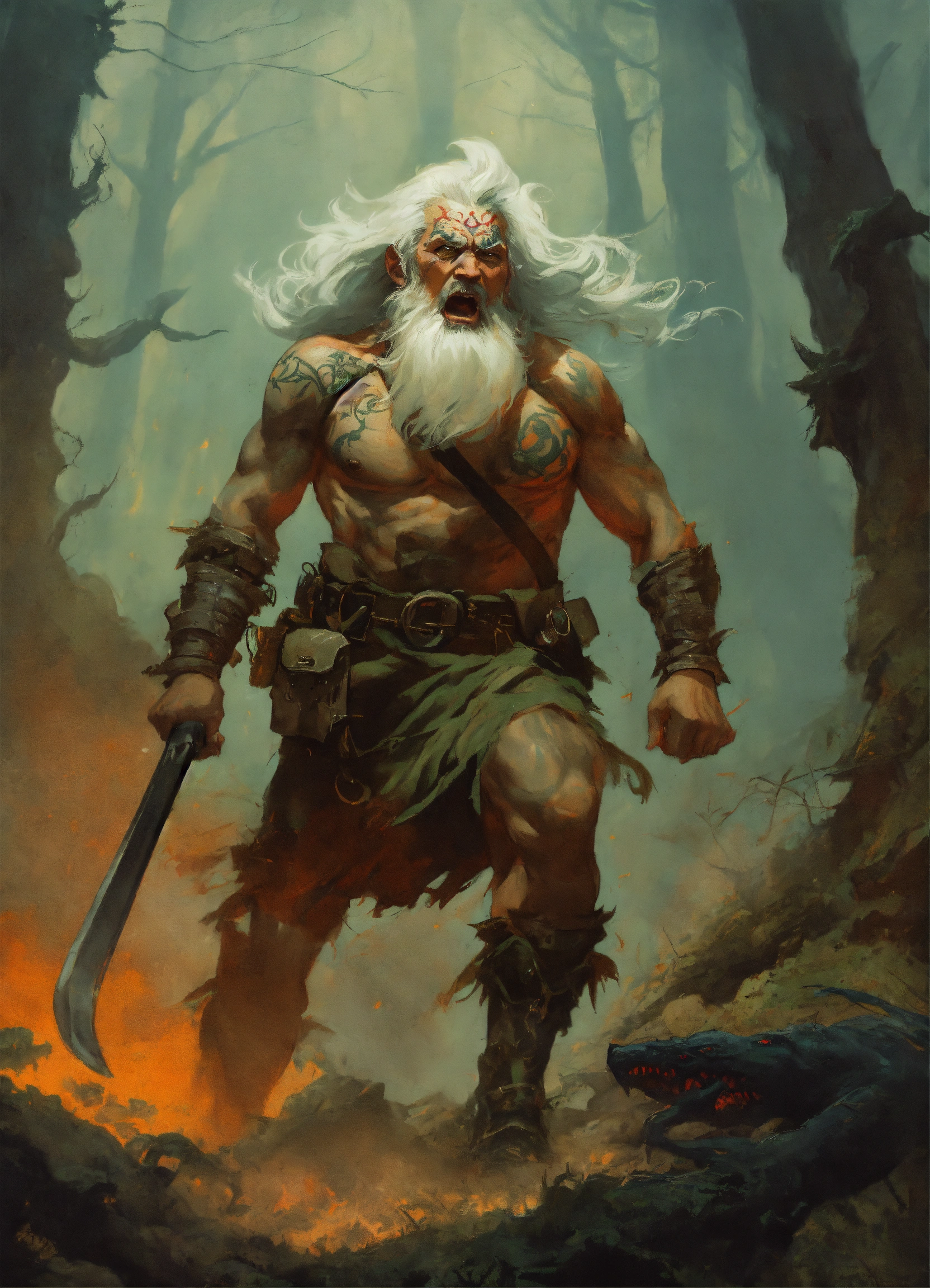 Lexica - In the style of Frank Frazetta, a gaunt old tattooed hermit ...