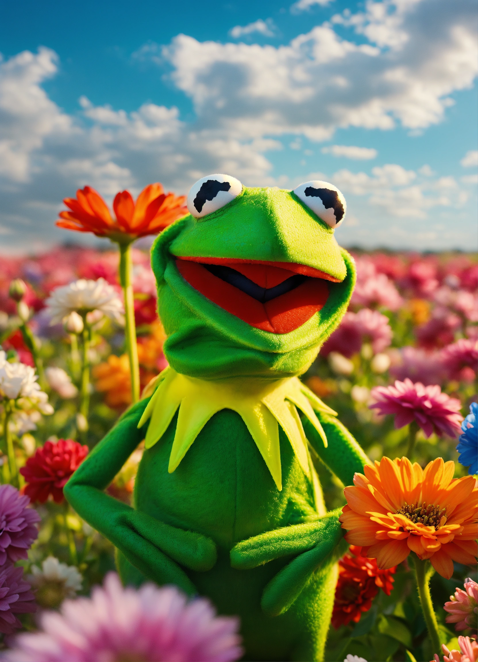 Lexica - Happy Kermit the frog, happy, surrounded by a colorful flowers ...