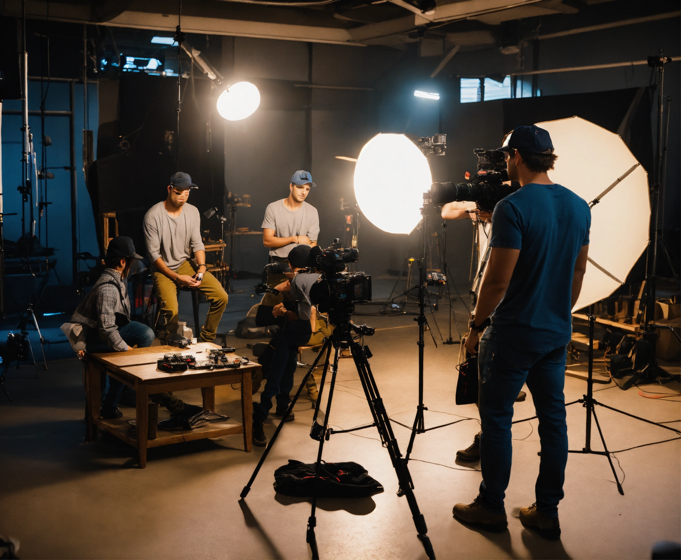 Lexica - The film set. One cameraman is sitting behind the camera, he ...